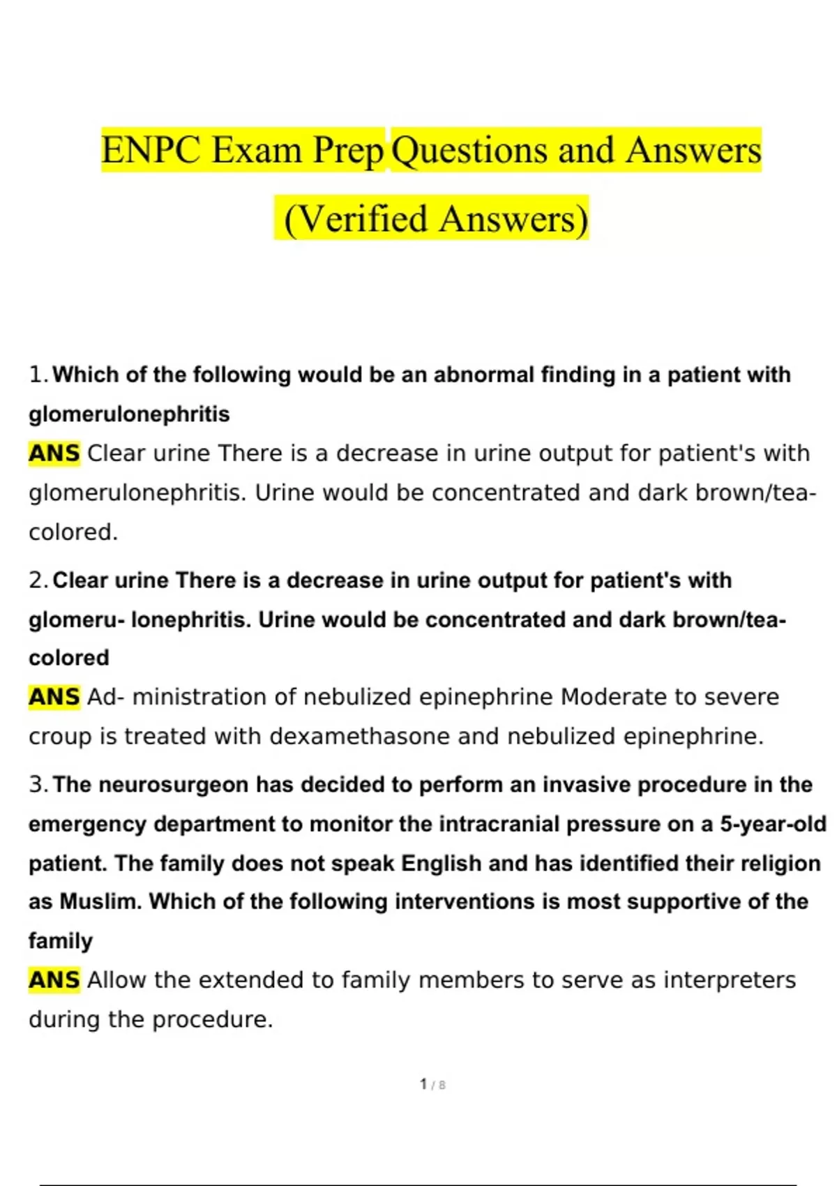 ENPC Exam Prep Questions and Answers 2024 / 2025 | 100% Verified ...
