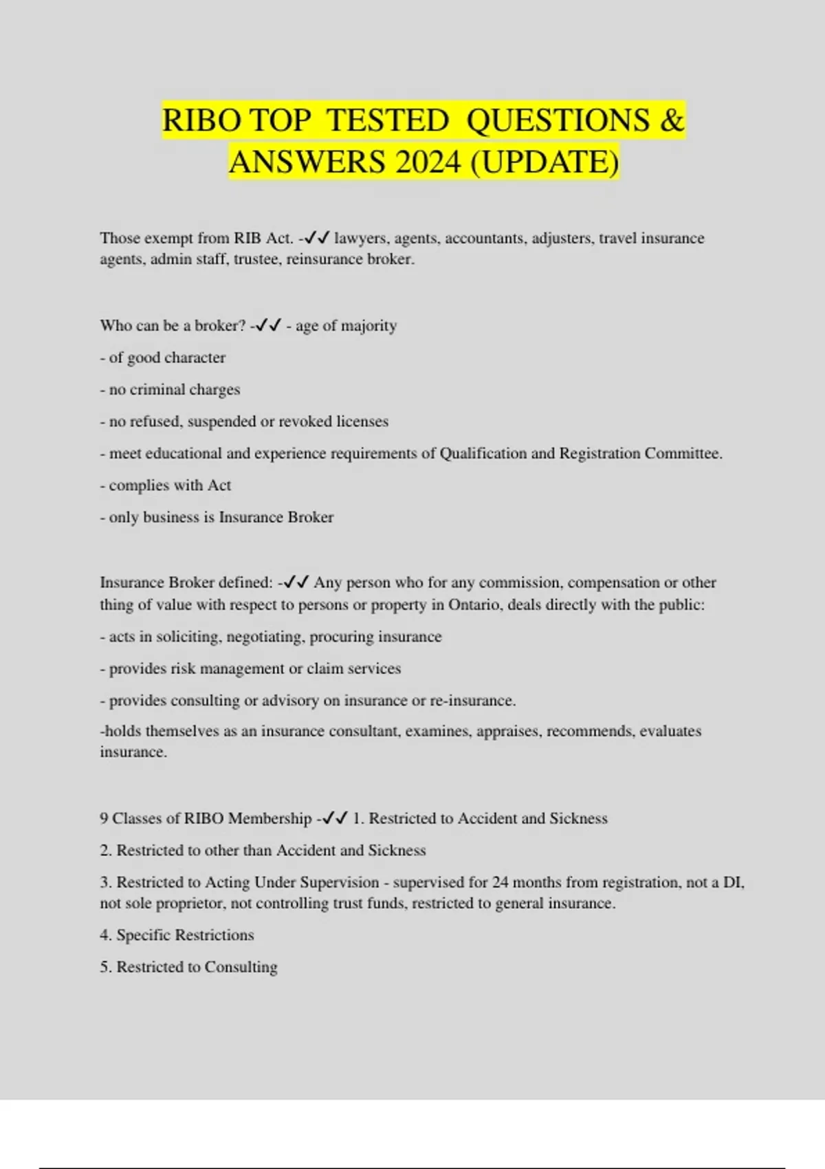 RIBO TOP LEVEL EXAM QUESTIONS &ANSWERS 2024 - RIBO ONTARIO - Stuvia US