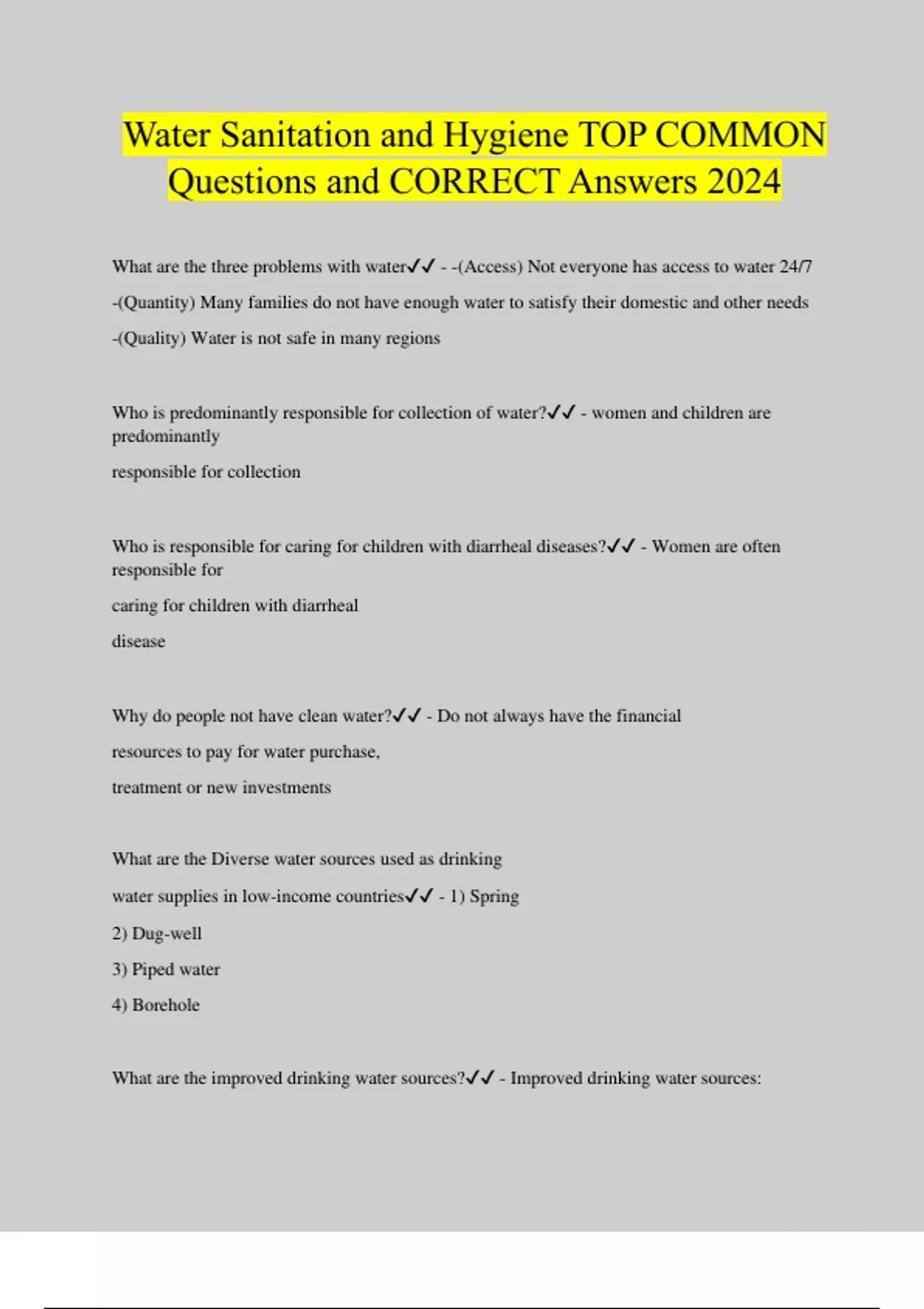 Water Sanitation and Hygiene TOP COMMON Questions and CORRECT Answers ...