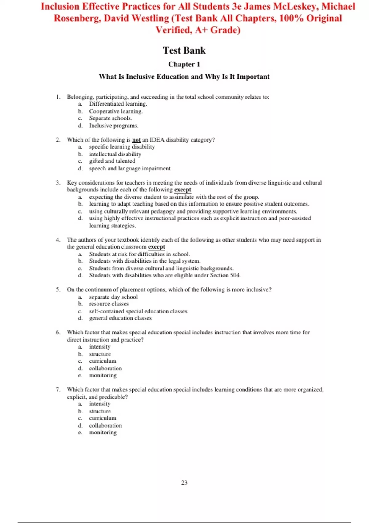 Test Bank For Inclusion Effective Practices for All Students 3rd ...