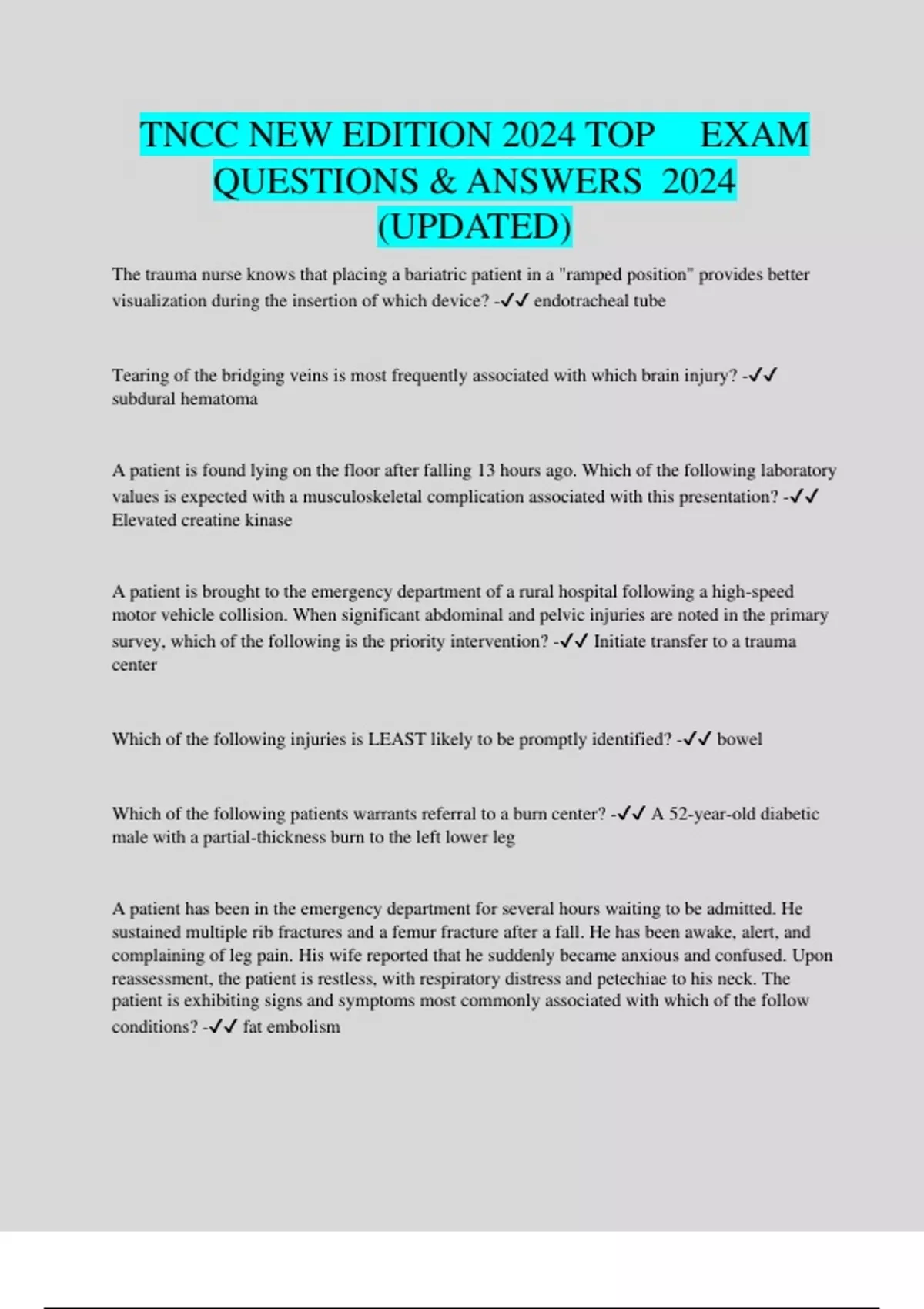 TNCC NEW EDITION 2024 TOP EXAM QUESTIONS & ANSWERS 2024 (UPDATED ...