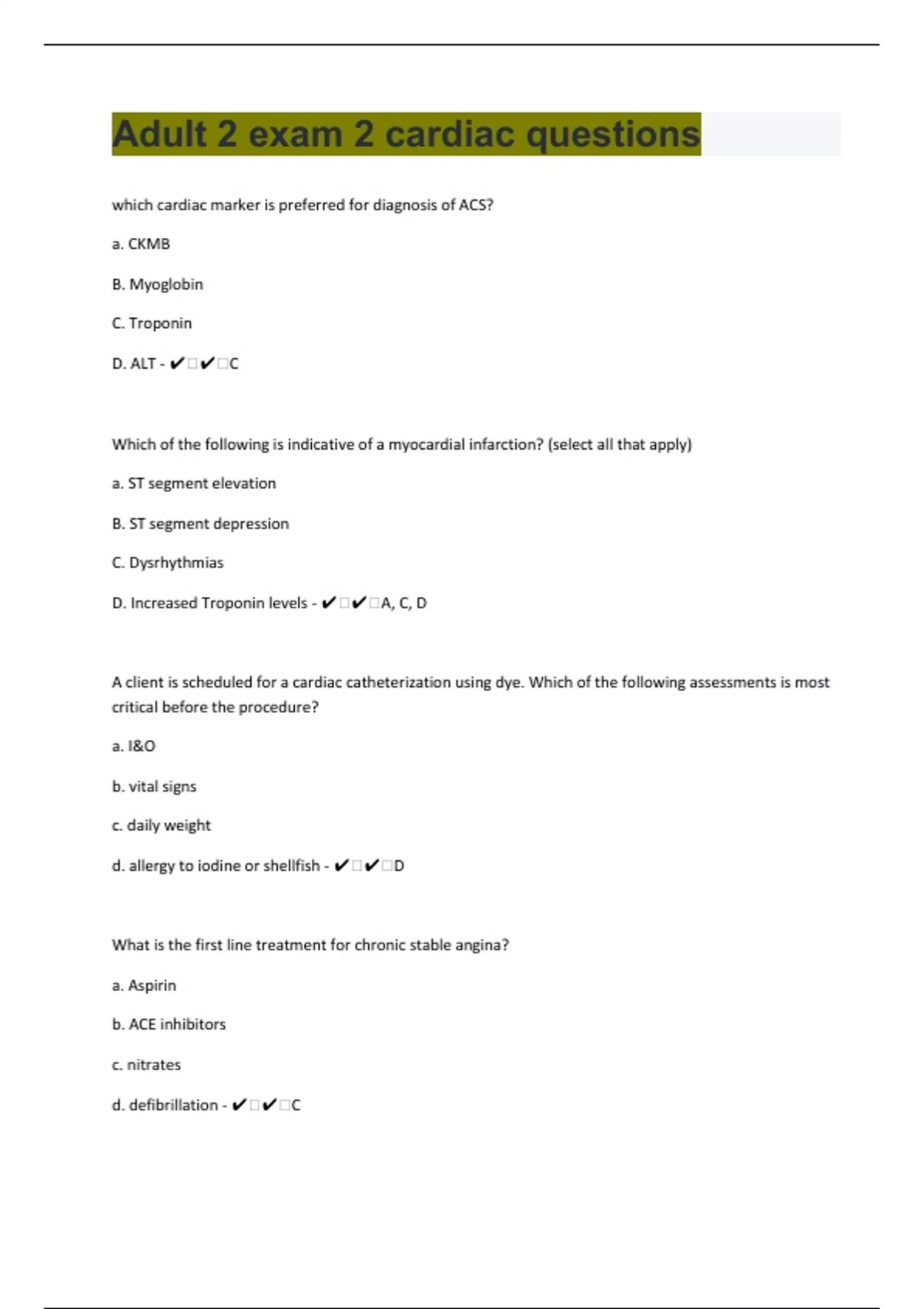 Adult 2 exam 2|76 cardiac questions And Answers - Adult 2 - Stuvia US