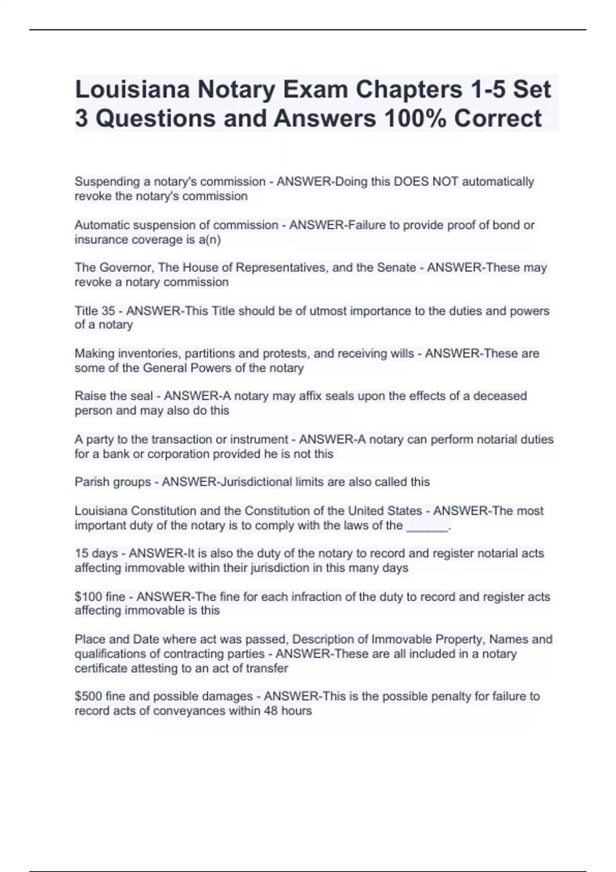 Louisiana Notary Exam Chapters 1-5 Set 3 Questions and Answers 100% ...