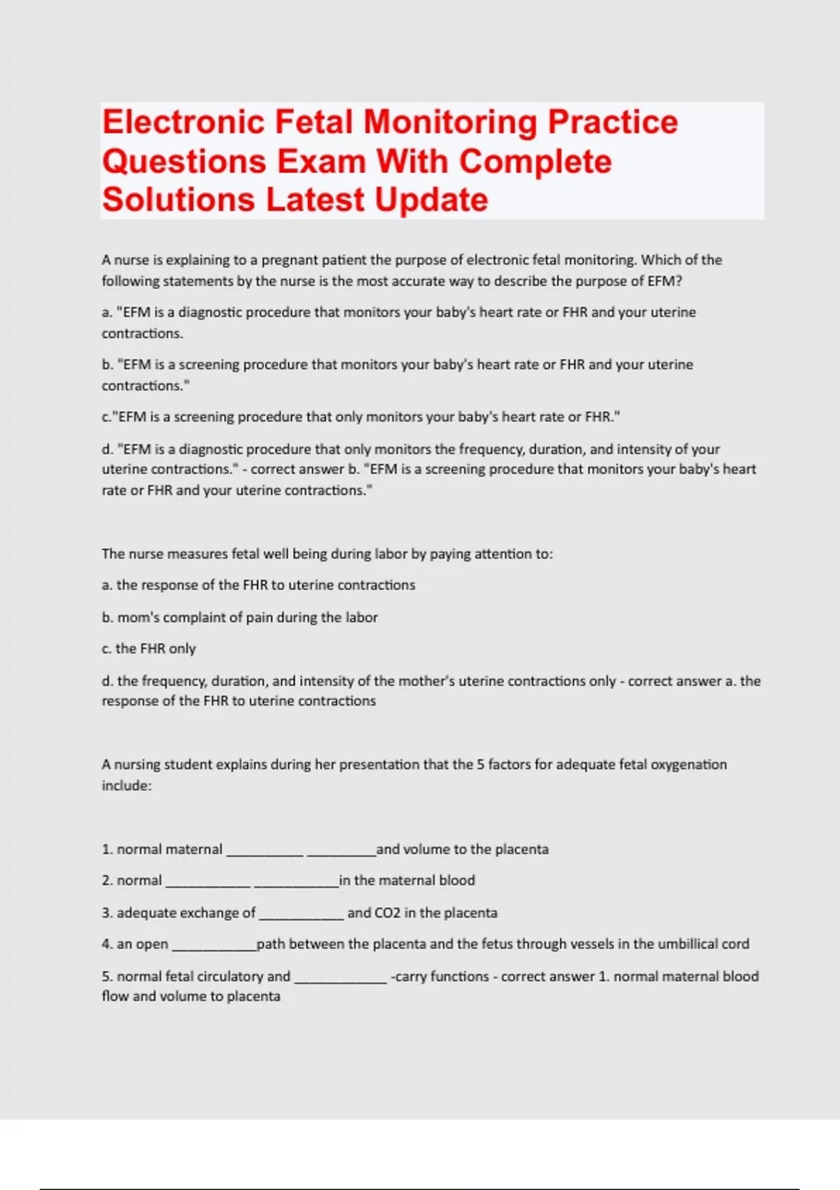 Electronic Fetal Monitoring---EFM Exam With Complete Solutions Latest ...