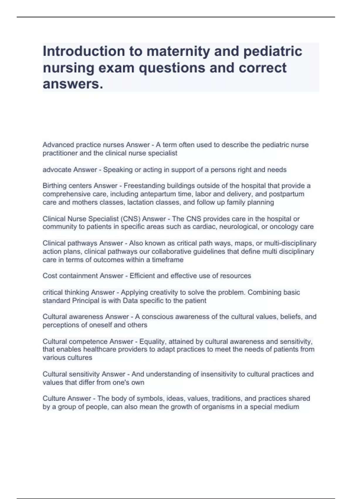 Introduction to maternity and pediatric nursing exam questions and correct answers - MARTERNITY ...