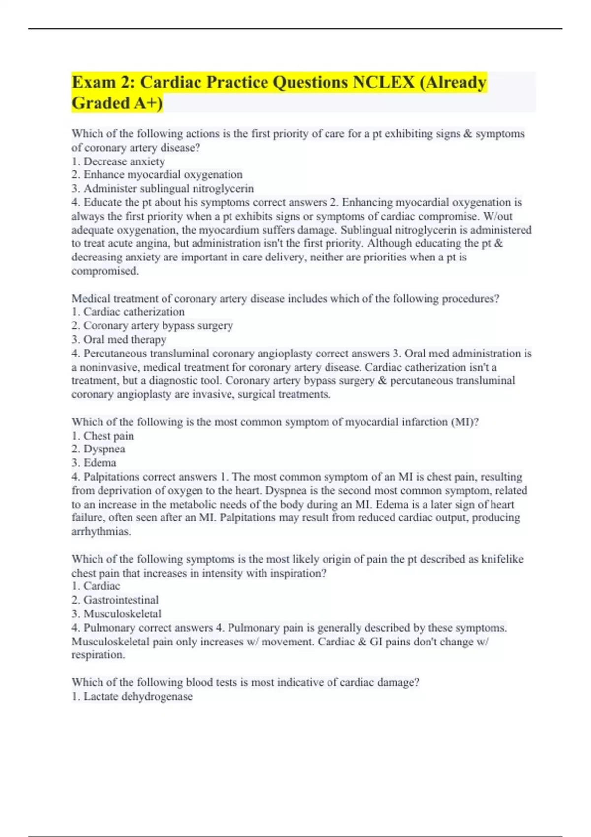 Exam 2: Cardiac Practice Questions NCLEX (Already Graded A+) - Cardiac ...