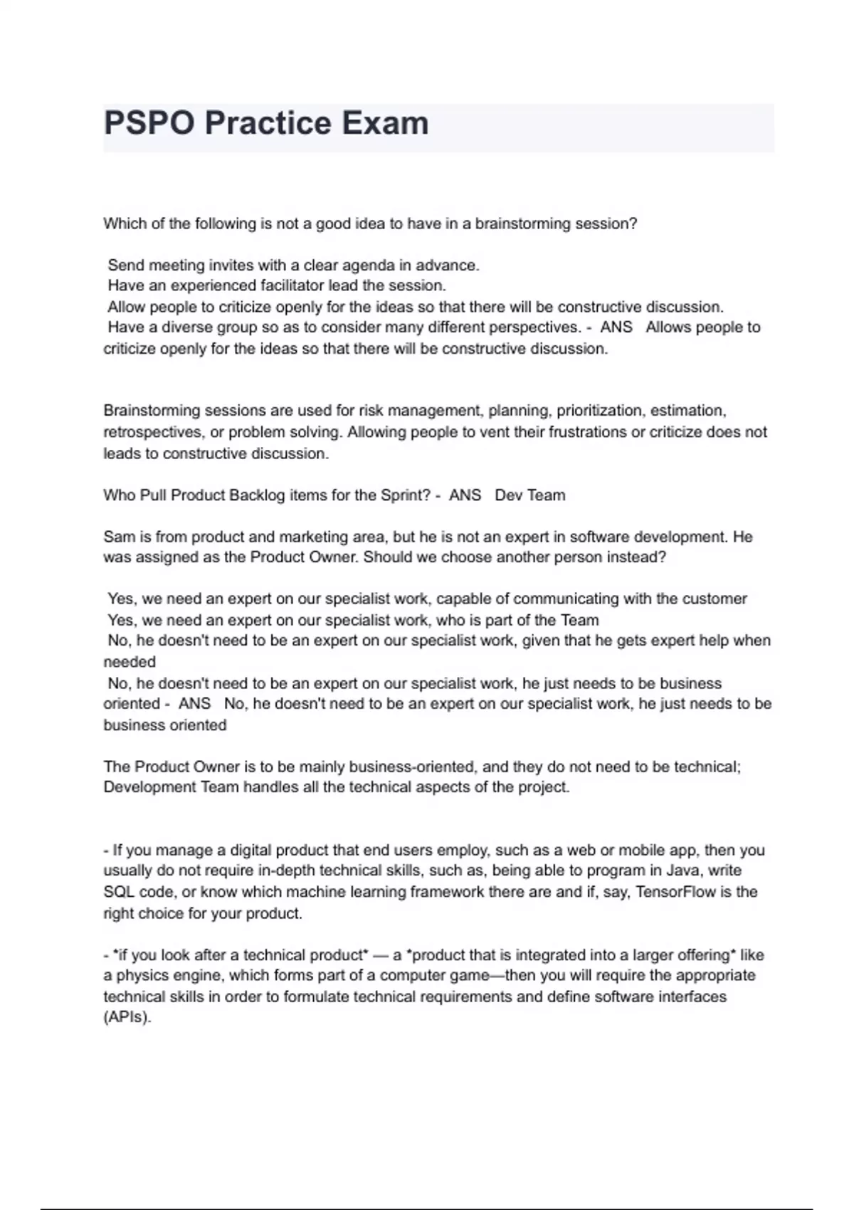 PSPO Practice Exam Questions And Answers - PSPO 1 - Stuvia US