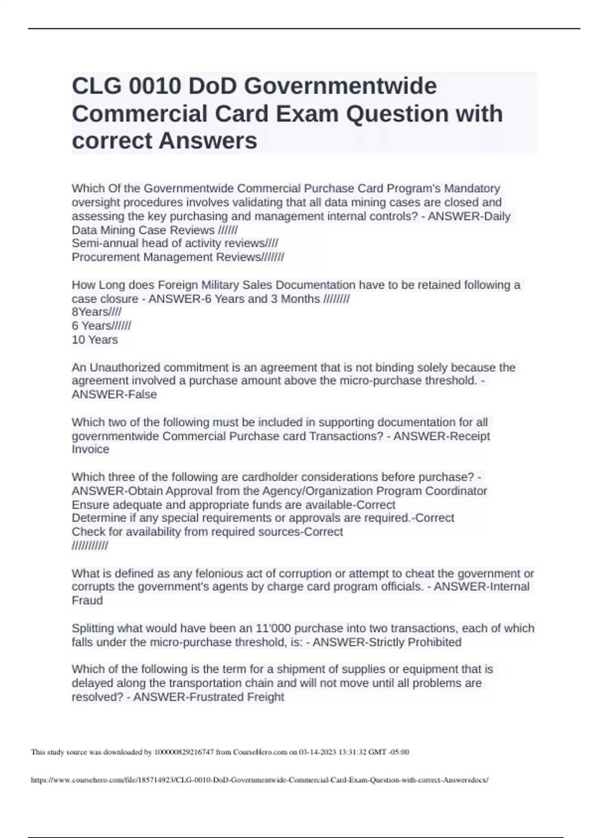 CLG 0010 DoD Governmentwide Commercial Card Exam Question with correct ...