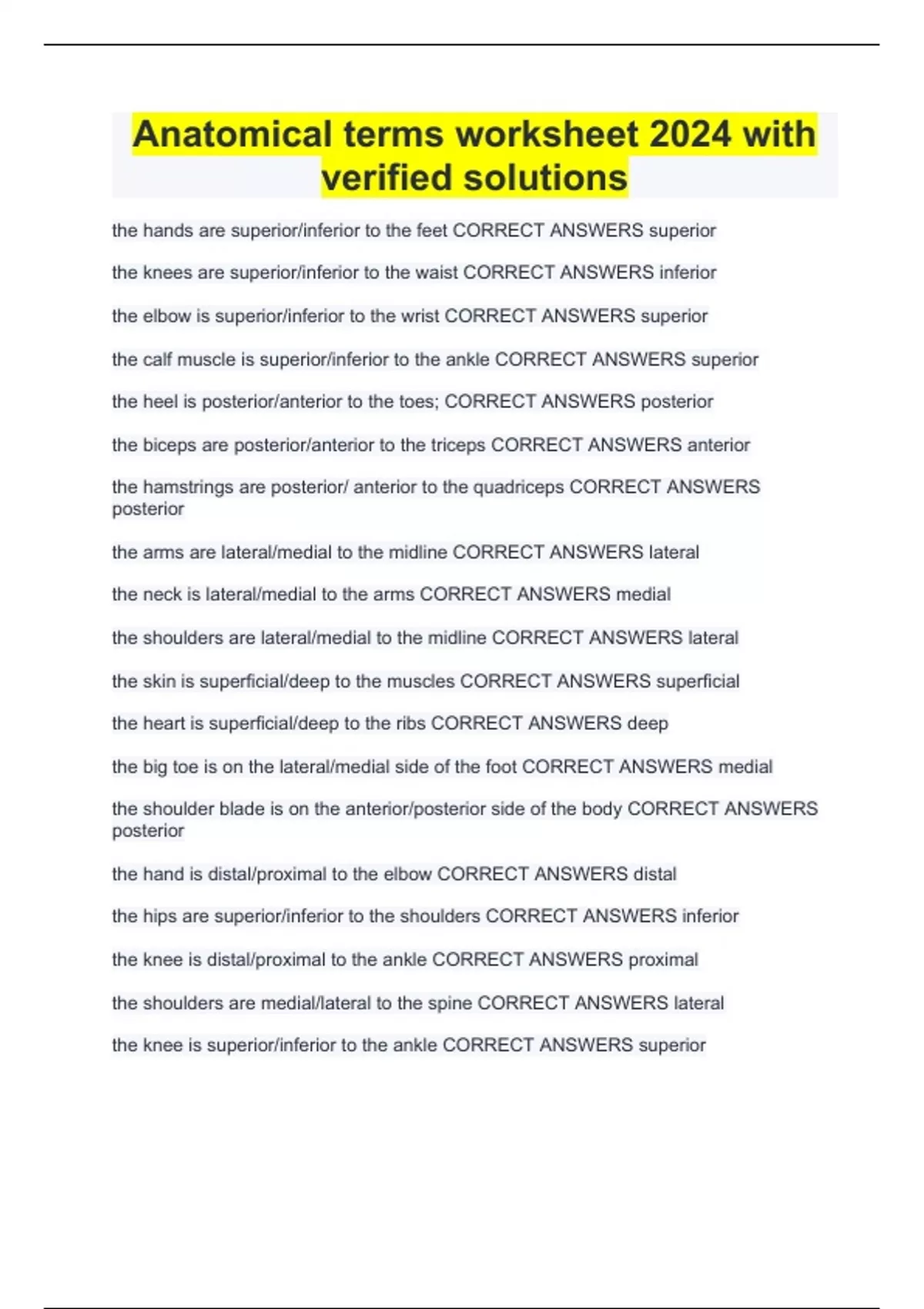 Anatomical terms worksheet 2024 with verified solutions - Anatomical ...