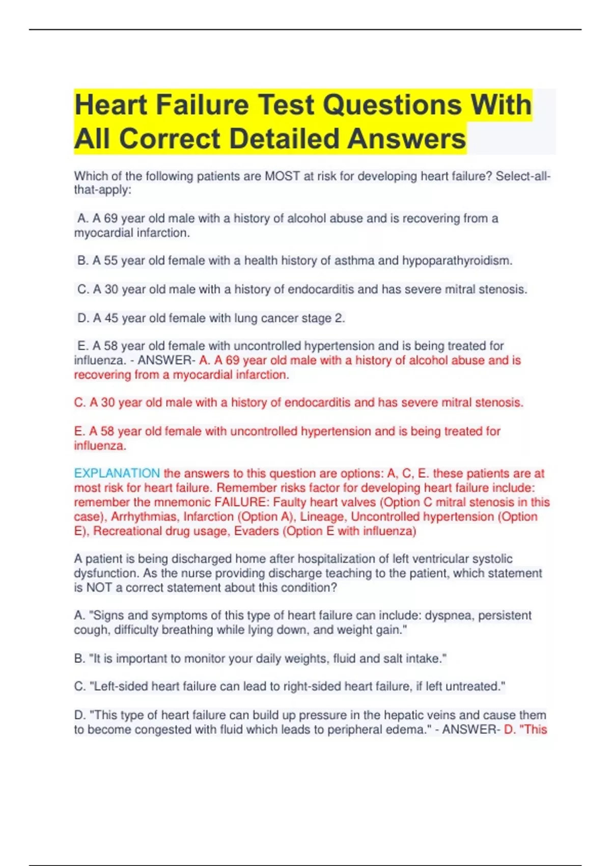 LATEST Heart Failure Test Questions With All Correct Detailed Answers ...