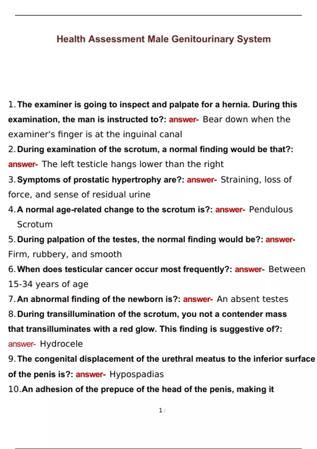 Health Assessment Male Genitourinary System Actual Questions and ...
