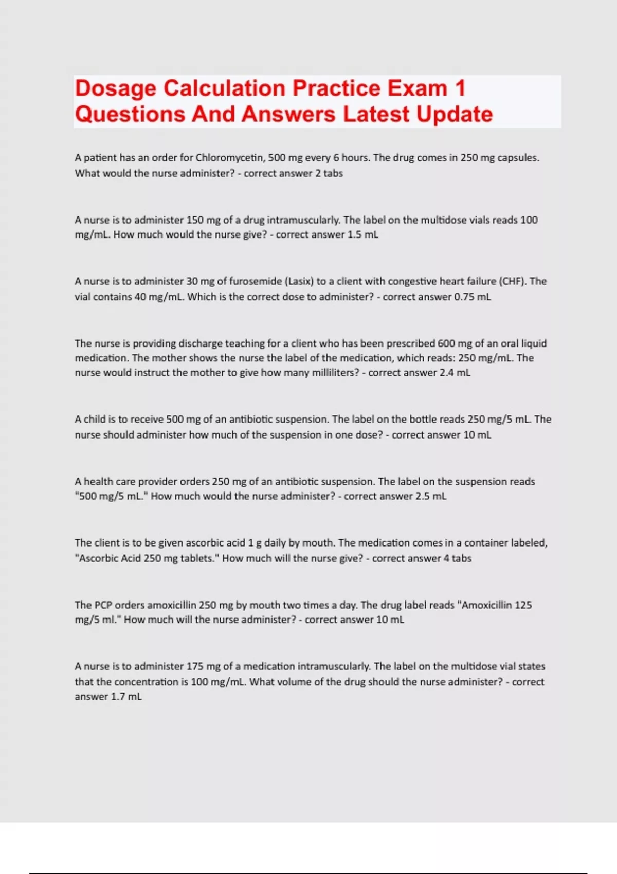 Dosage Calculation Practice Exam 1 Questions And Answers Latest Update ...