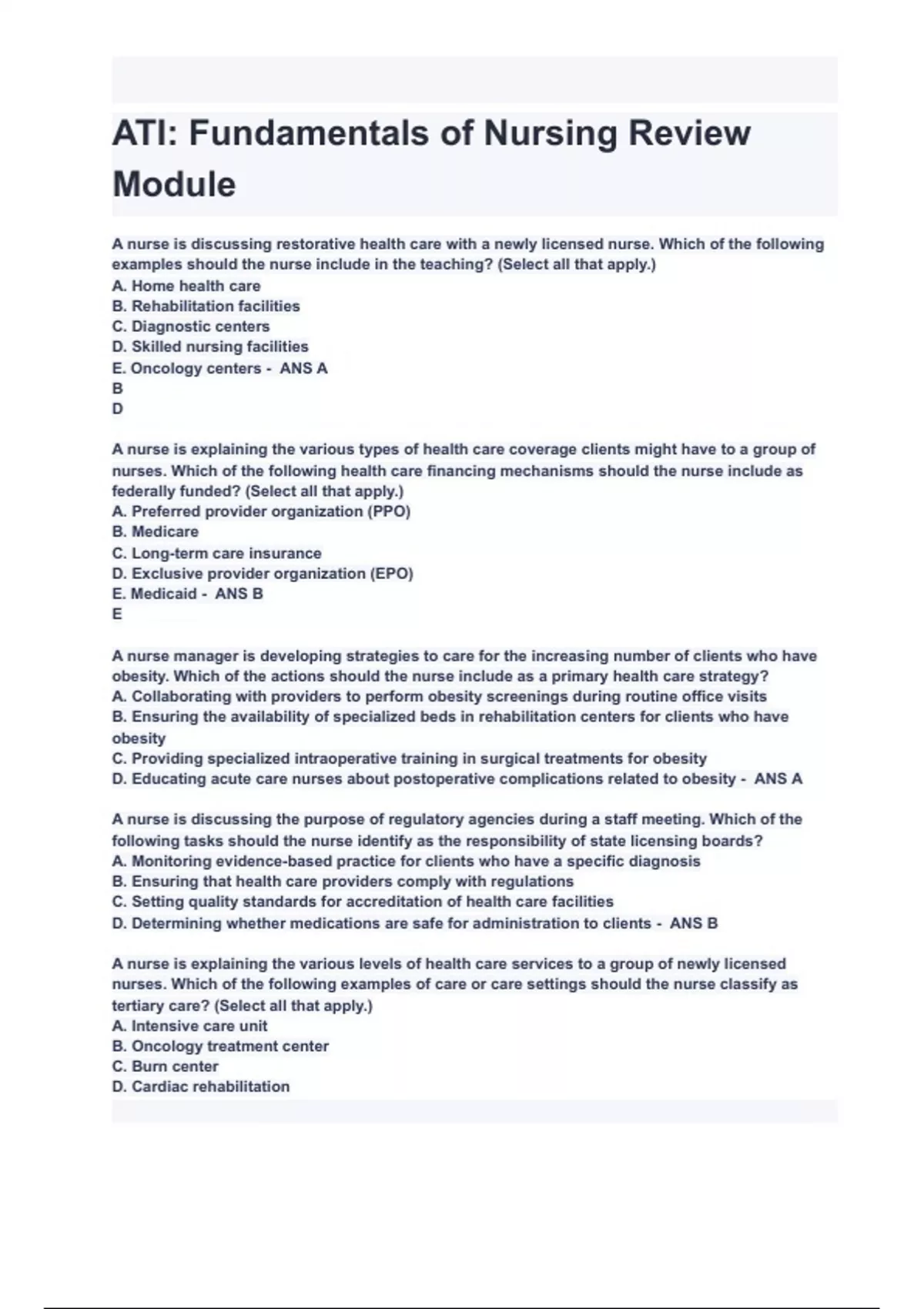 ATI: Fundamentals of Nursing Review Module Exam Questions with correct ...
