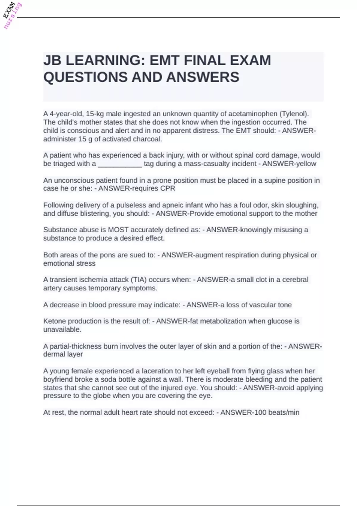 JB LEARNING: EMT FINAL EXAM QUESTIONS AND ANSWERS - EMT - Stuvia UK