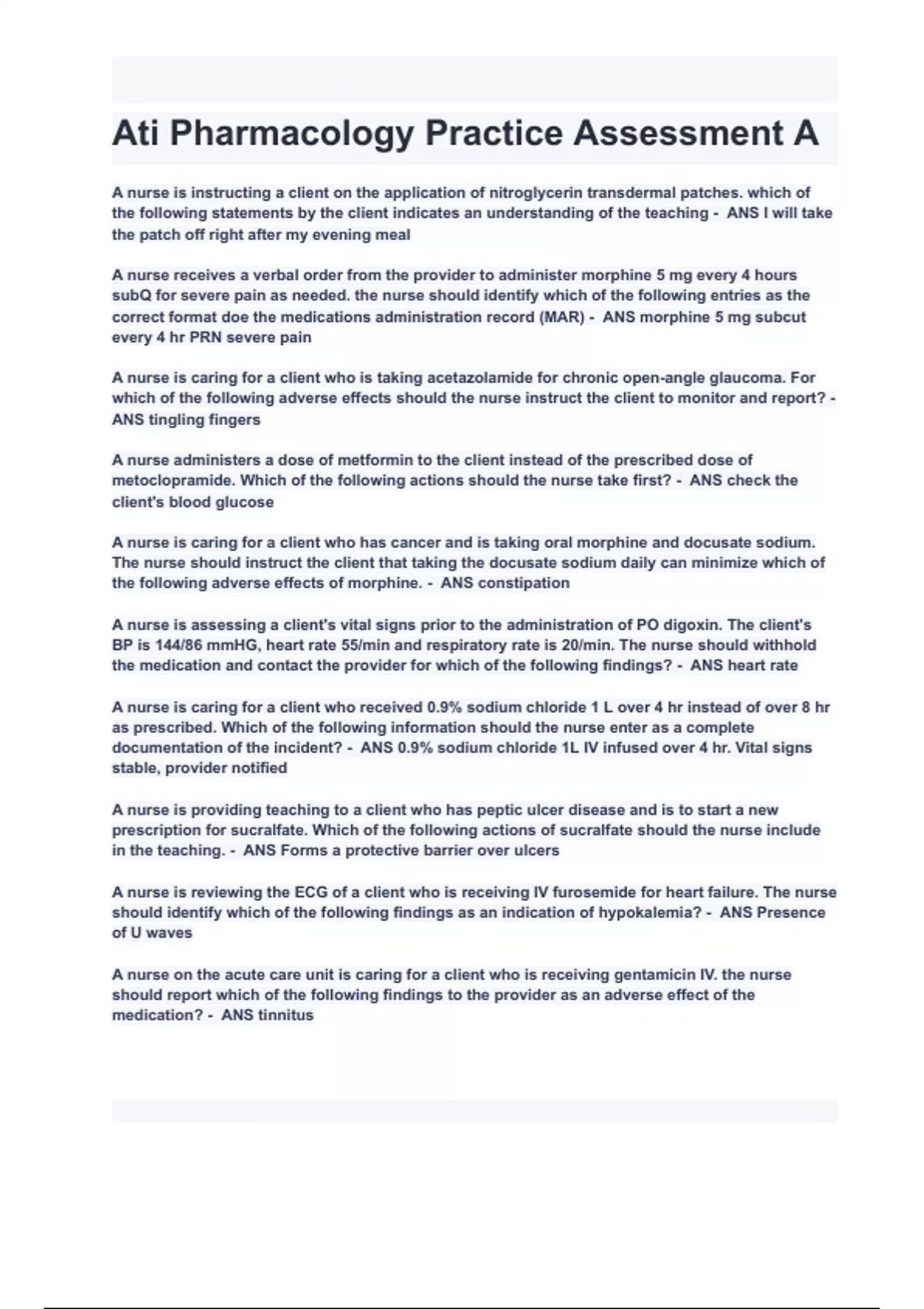 Ati Pharmacology Practice Assessment A Exam Questions with correct ...