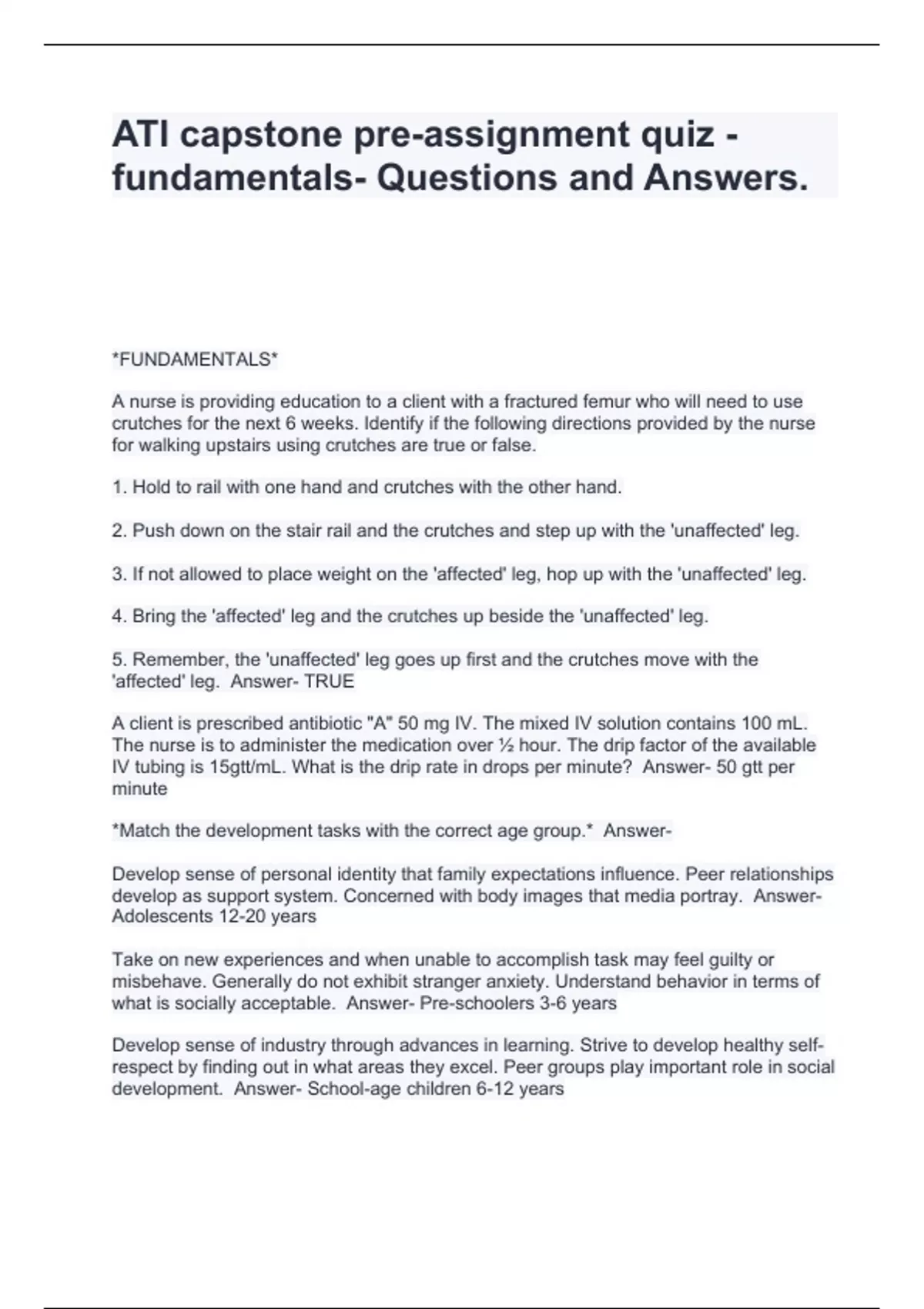 ATI capstone pre-assignment quiz -fundamentals- Questions and Answers. - ATI CAPSTONE ...