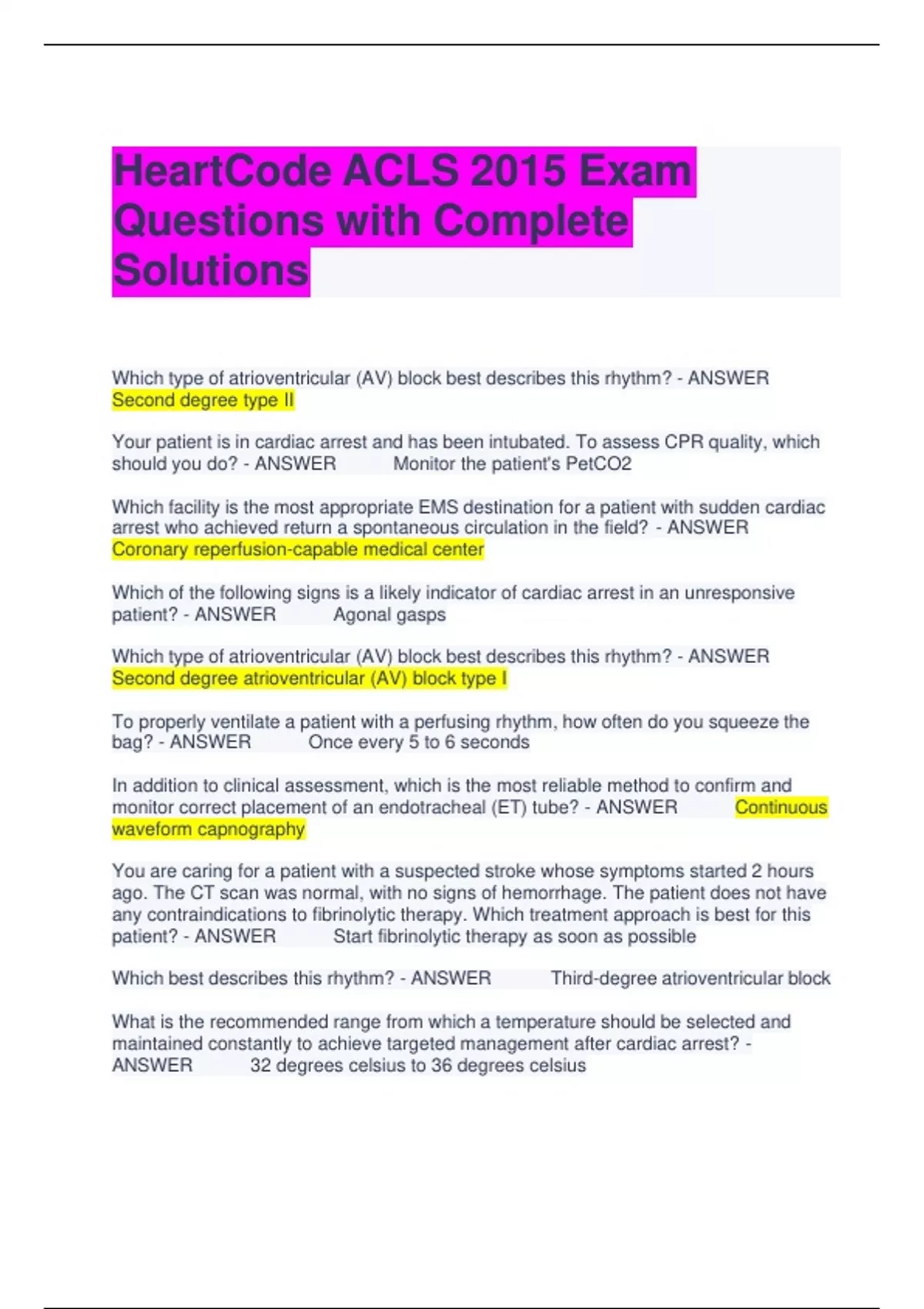 Heartcode Acls 2015 Exam Questions With Complete Solutions Heartcode Acls Stuvia Us