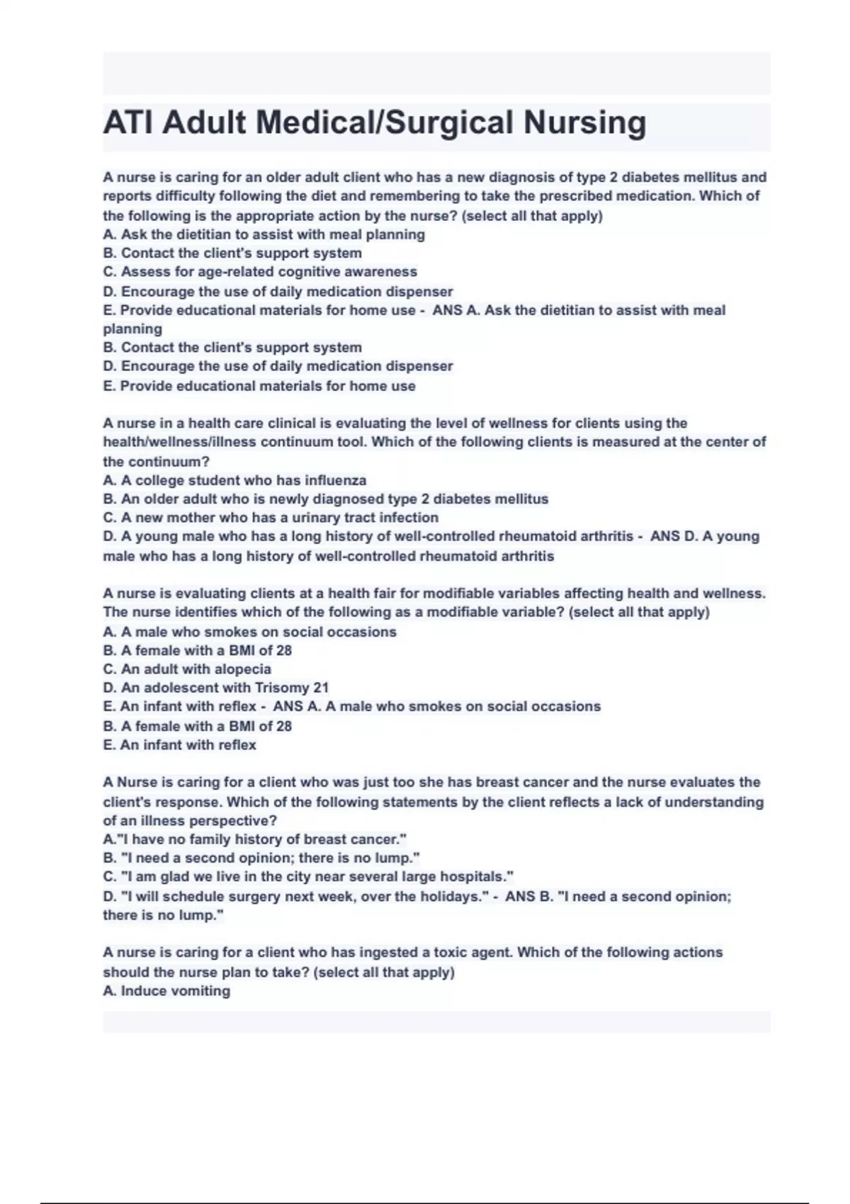 ATI Adult Medical/Surgical Nursing Exam Questions with correct Answers ...