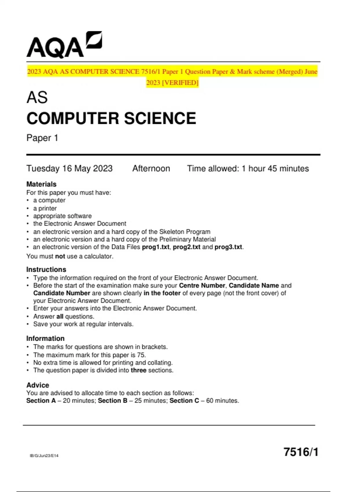 AQA 2023 AS & A-level COMPUTER SCIENCE 7516 & 7517 Papers 1 & 2 Question Papers & Mark schemes ...