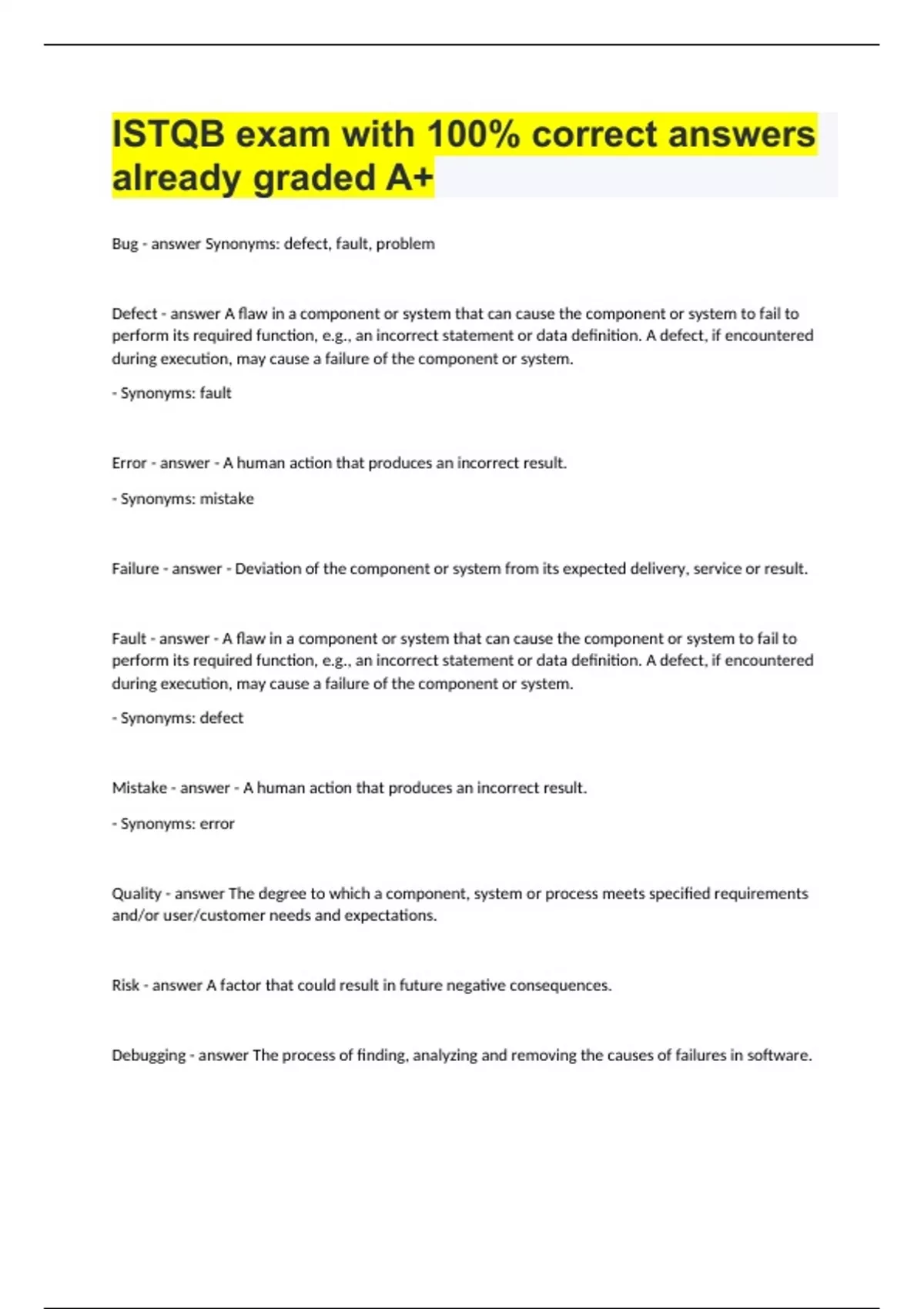 Istqb Exam With 100 Correct Answers Already Graded A Istqb International Software Testing