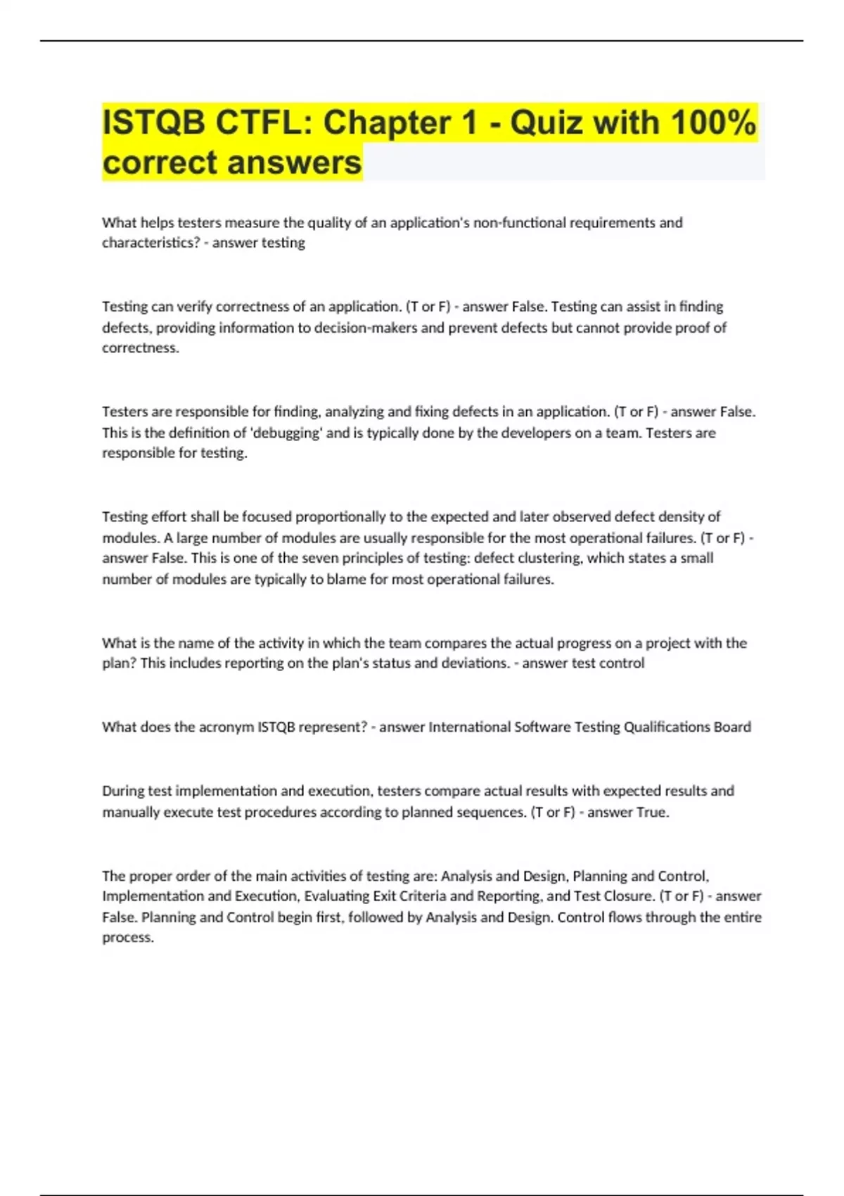 Istqb Ctfl Chapter 1 Quiz With 100 Correct Answers Istqb International Software Testing