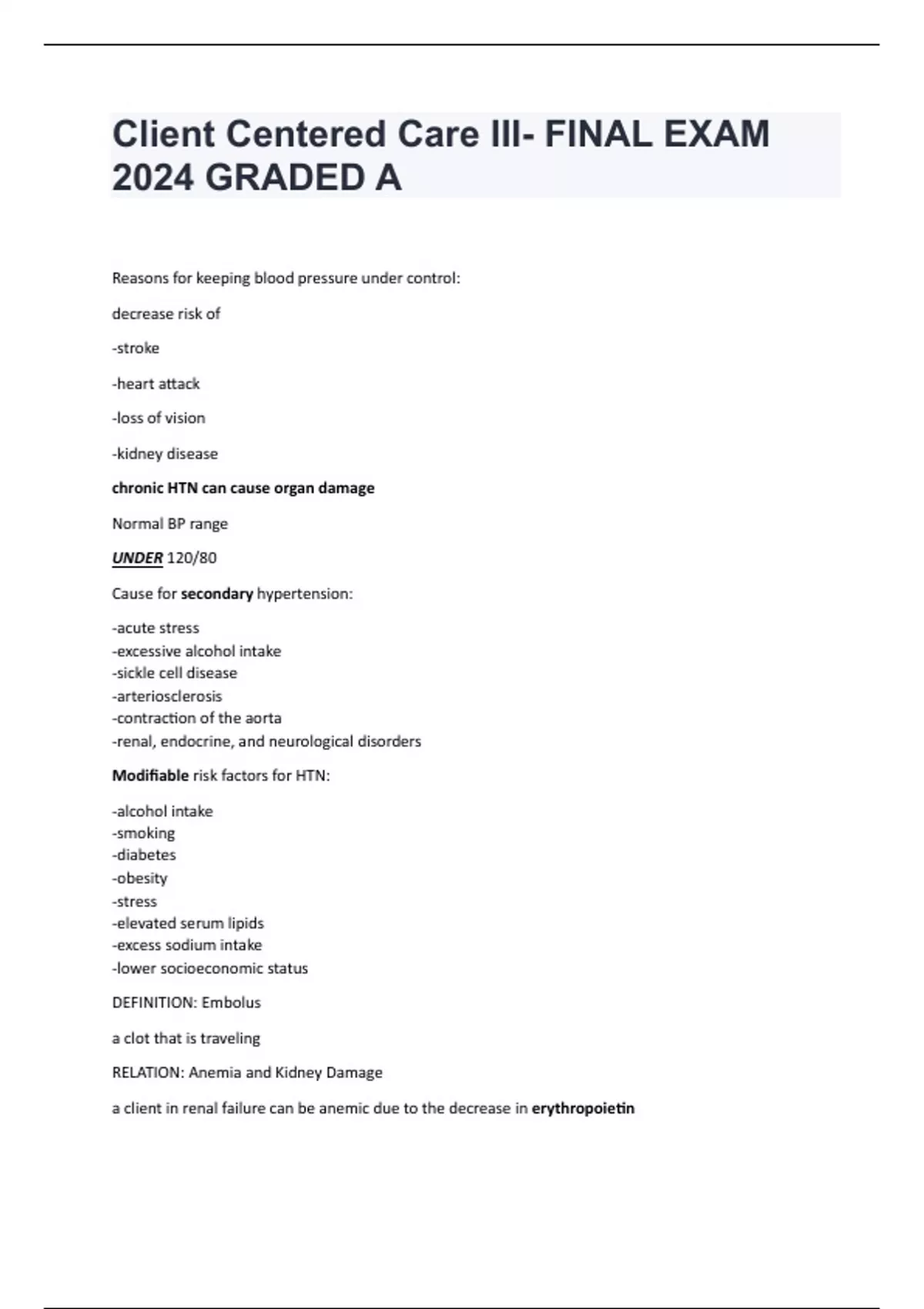 Client Centered Care III- FINAL EXAM 2024 GRADED A - Client Centered Care III- - Stuvia US