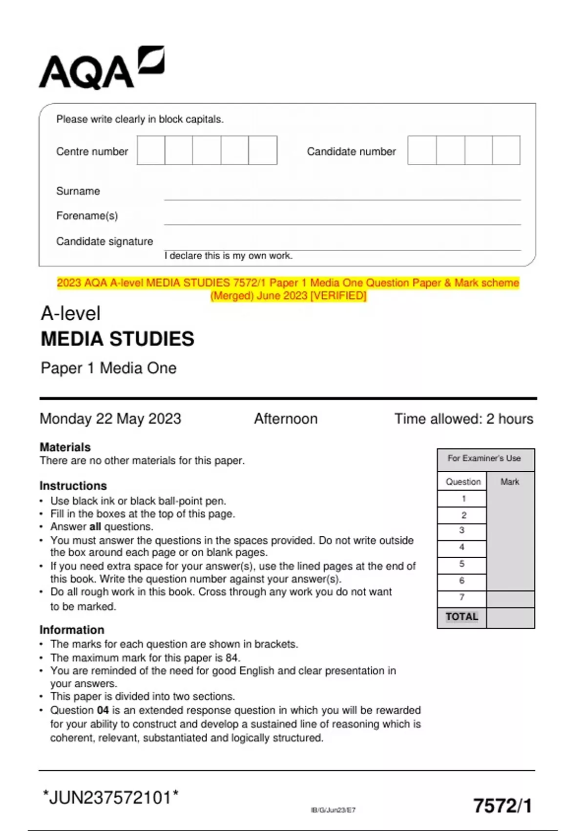 AQA 2023 A-level MEDIA STUDIES 7572 Paper 1, 2 Question Papers & Mark ...