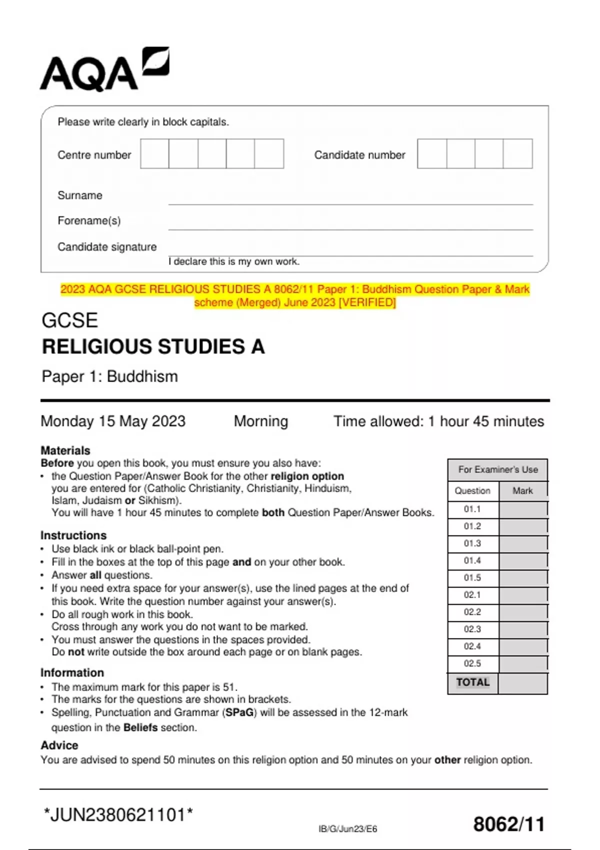 AQA 2023 GCSE RELIGIOUS STUDIES A 8062 Question Papers & Mark schemes ...