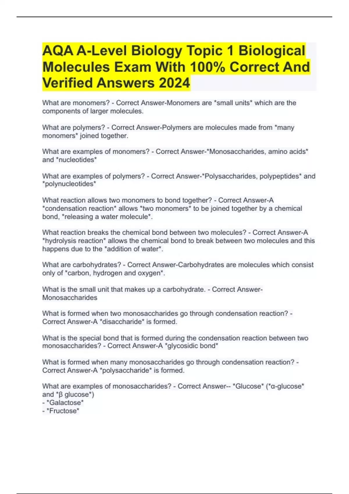 AQA A-Level Biology Topic 1 Biological Molecules Exam With 100% Correct ...