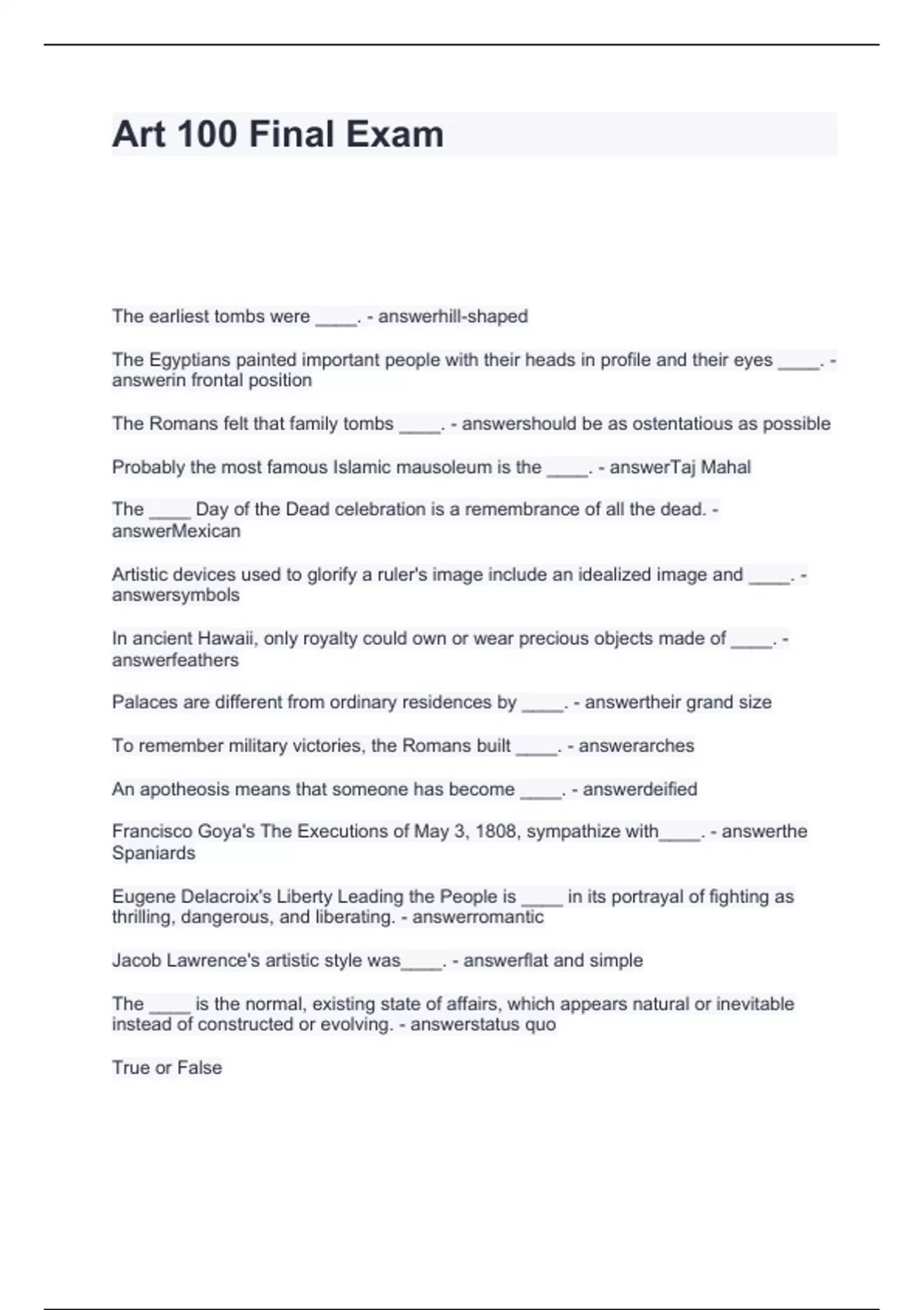 Art 100 Final Exam Questions and Answers 2024 - ART 100 - Stuvia US