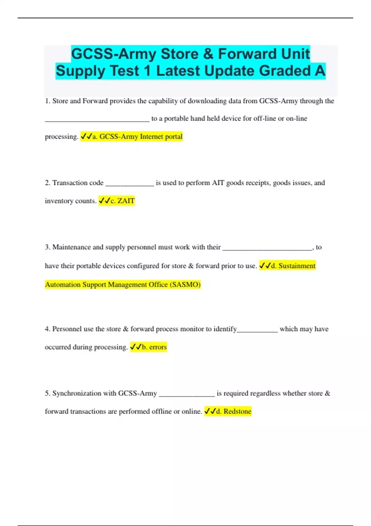 Gcss Army Store And Forward Unit Supply Test 1 Latest Update Graded A Gcss Army Store And Forward