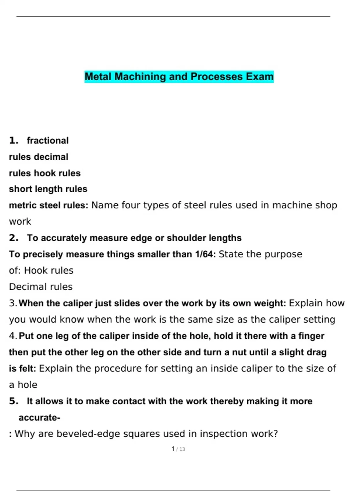 Metal Machining and Processes Exam Actual Questions and Answers Winter ...