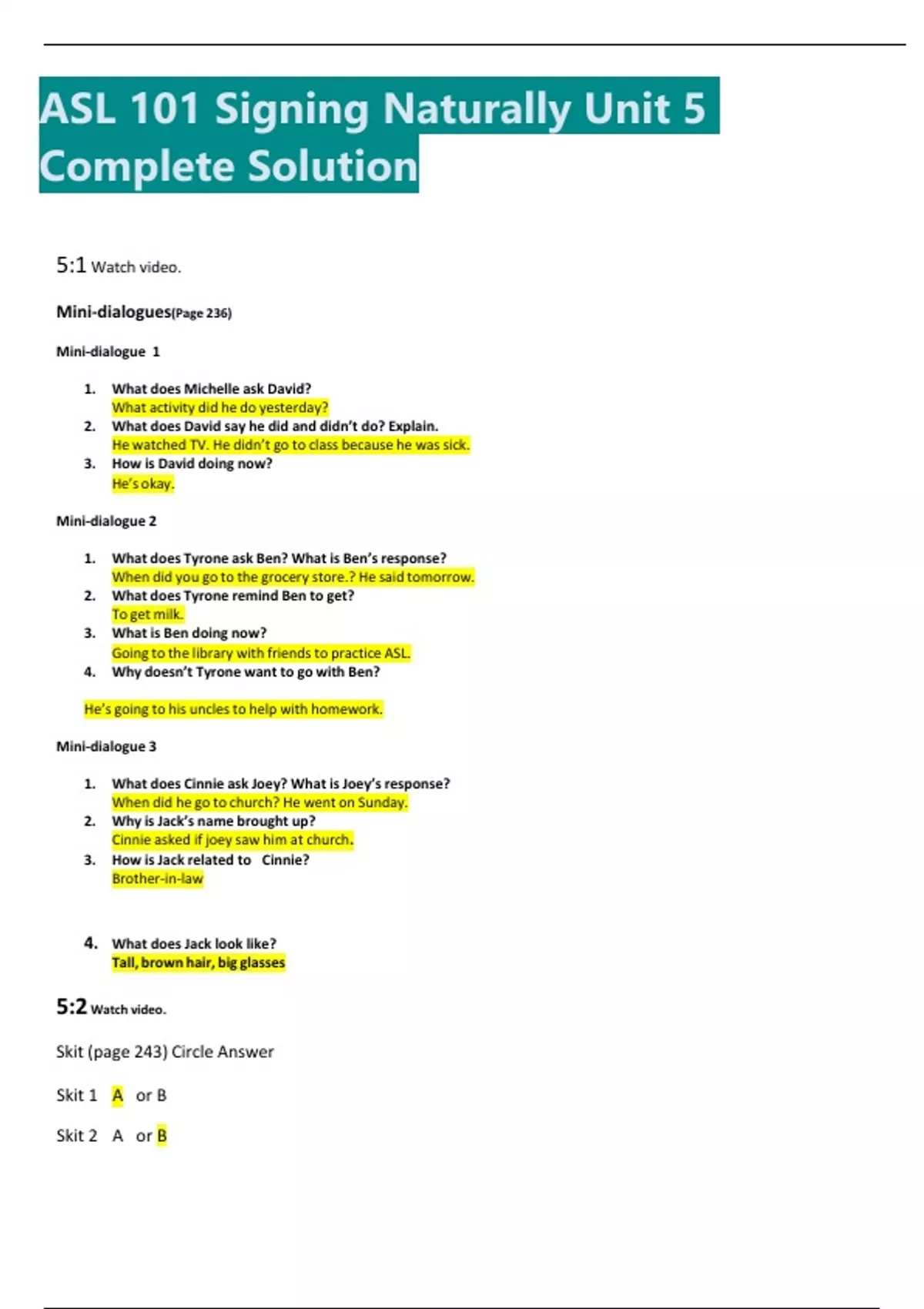 ASL 101 Signing Naturally Unit 5 Complete Solution 2024 UPDATE - ASL 101 - Stuvia US