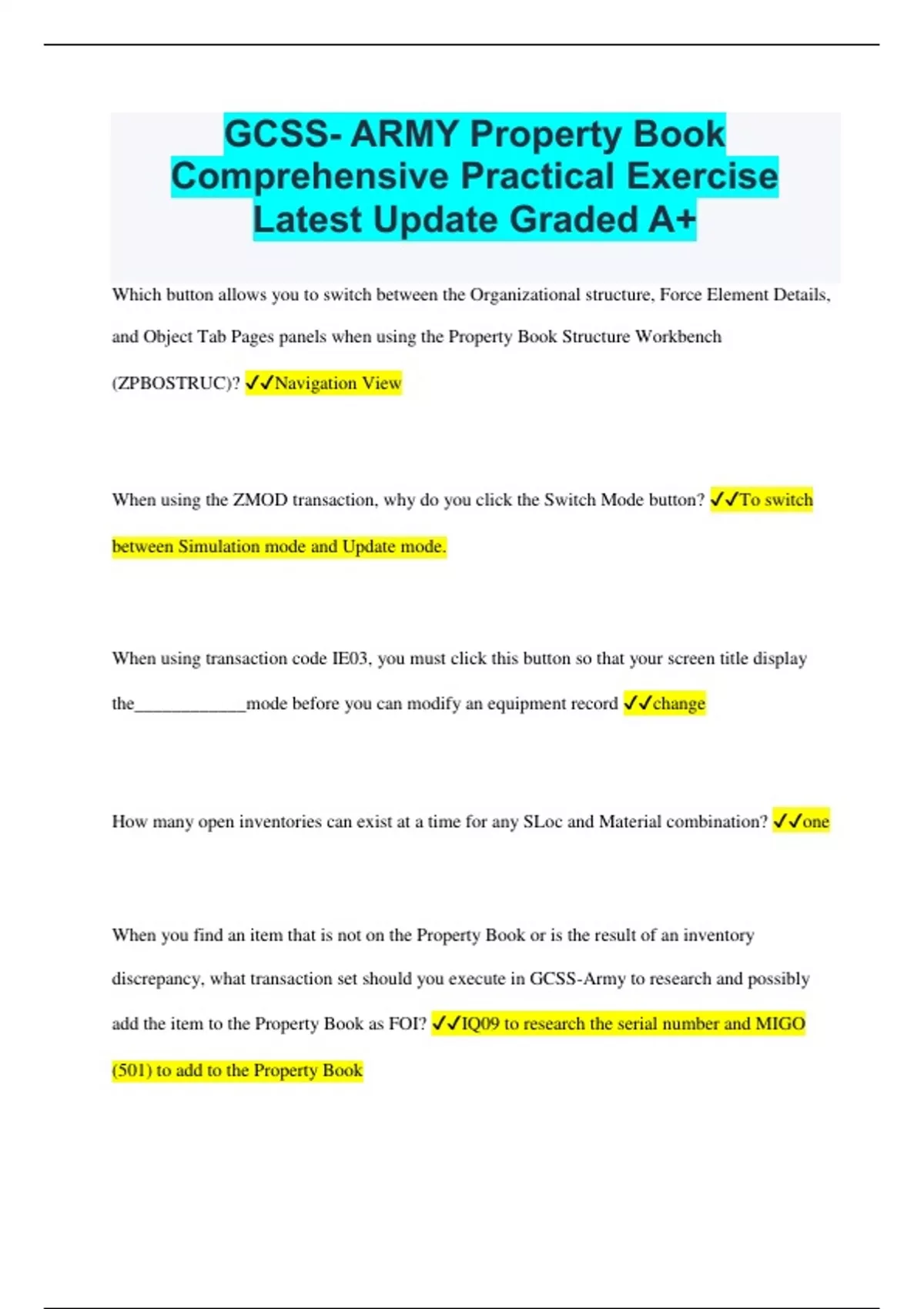 GCSS- ARMY Property Book Comprehensive Practical Exercise Latest Update ...