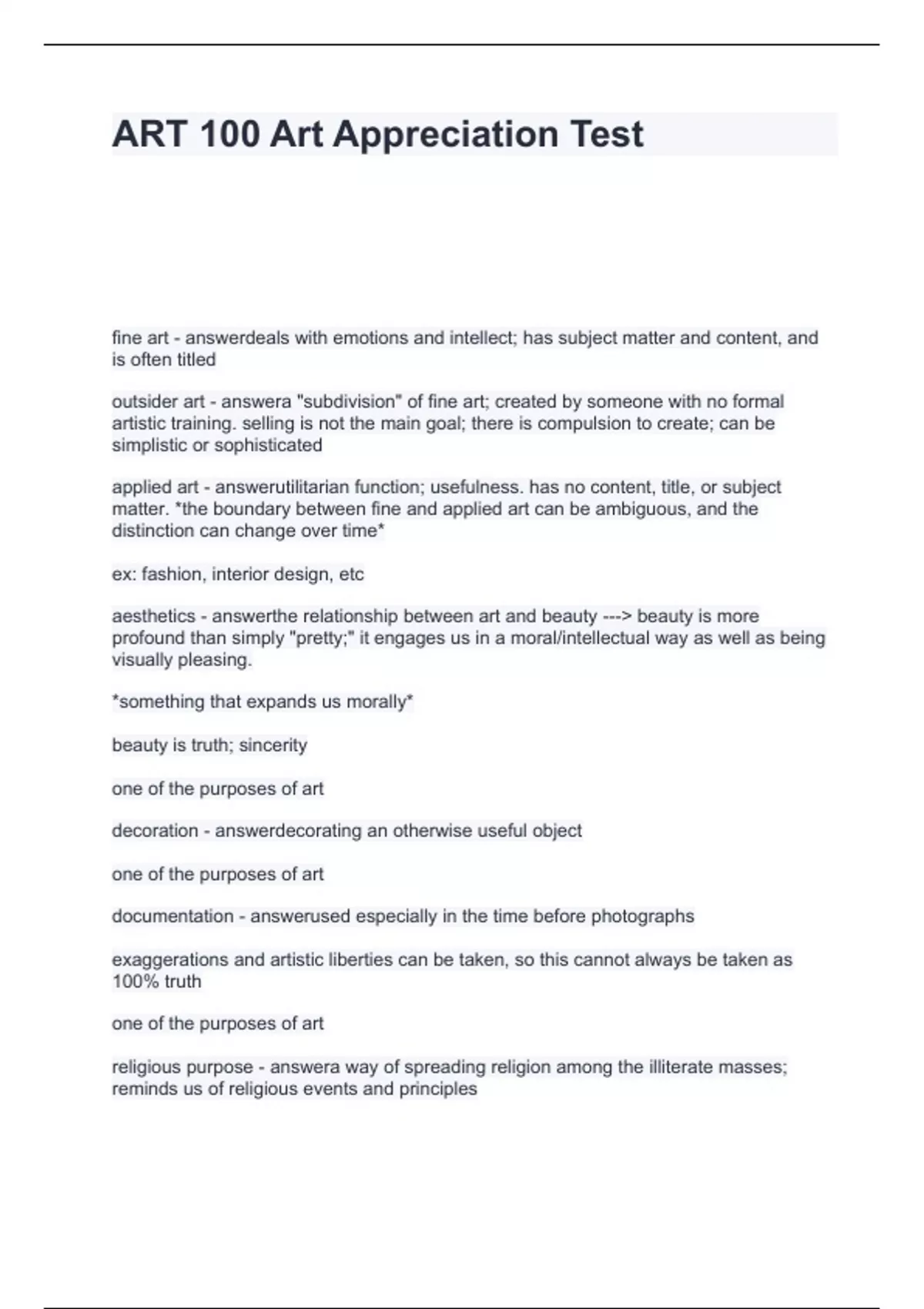 ART 100 Art Appreciation Test Questions and Answers 2024 - ART 100 ...