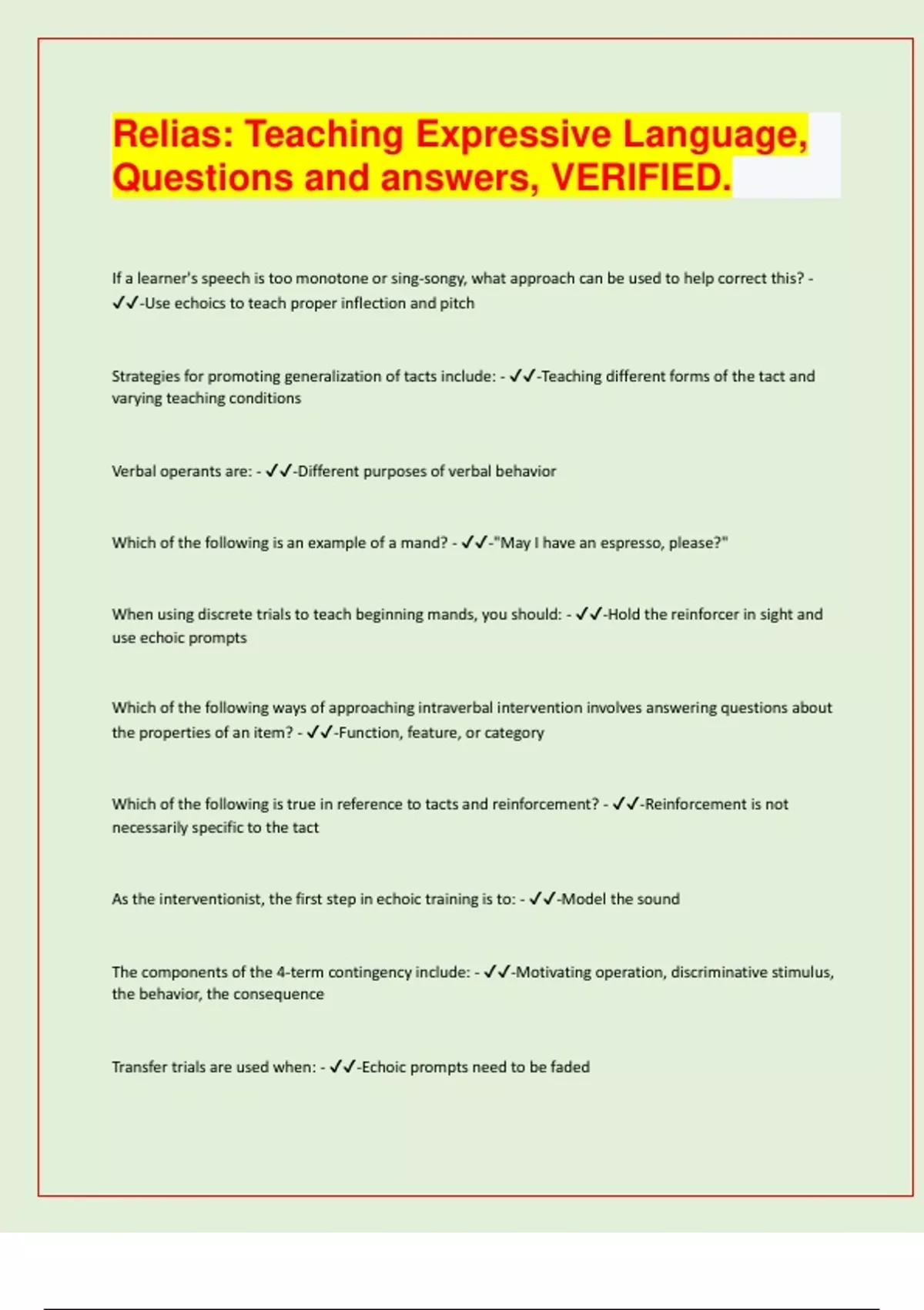 Relias: Teaching Expressive Language, Questions and answers, VERIFIED ...