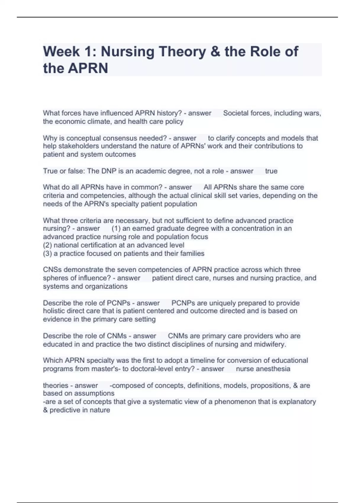 Week 1 Nursing Theory & the Role of the APRN Questions with solutions ...