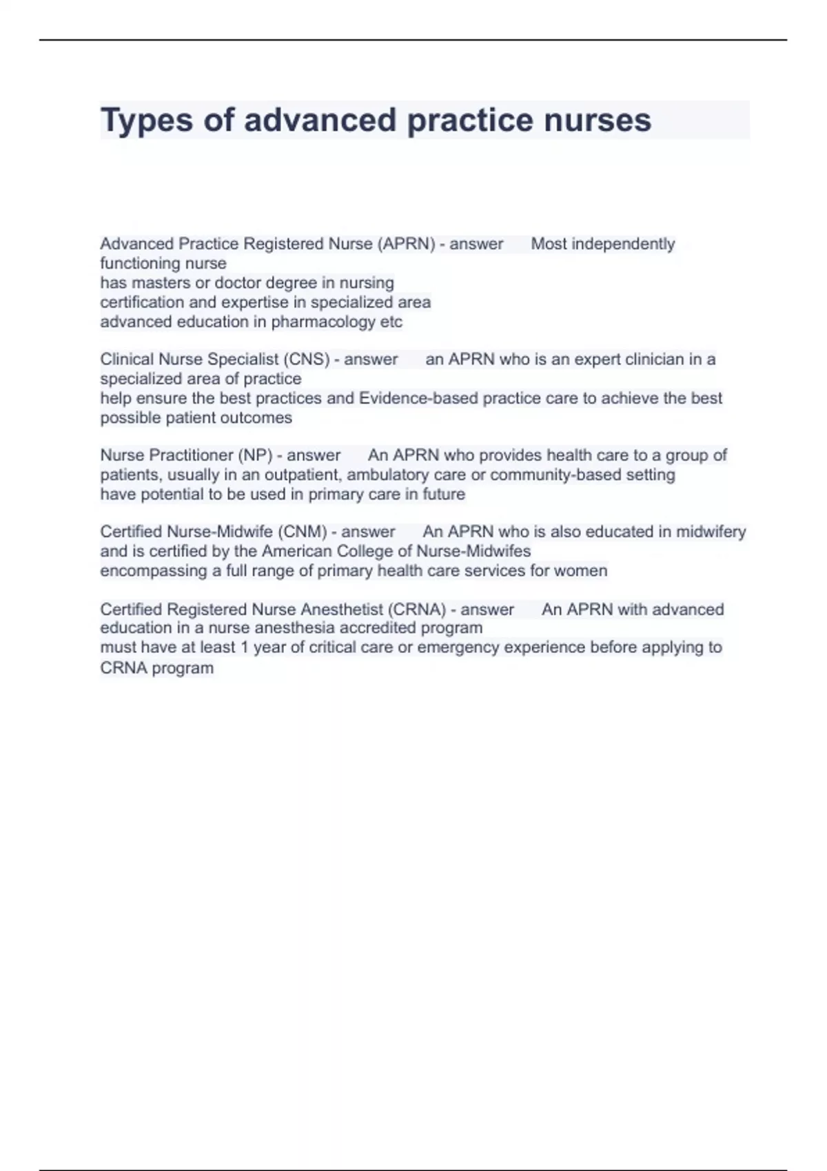 Types of advanced practice nurses Questions and Answers 2024 - Aprn ...