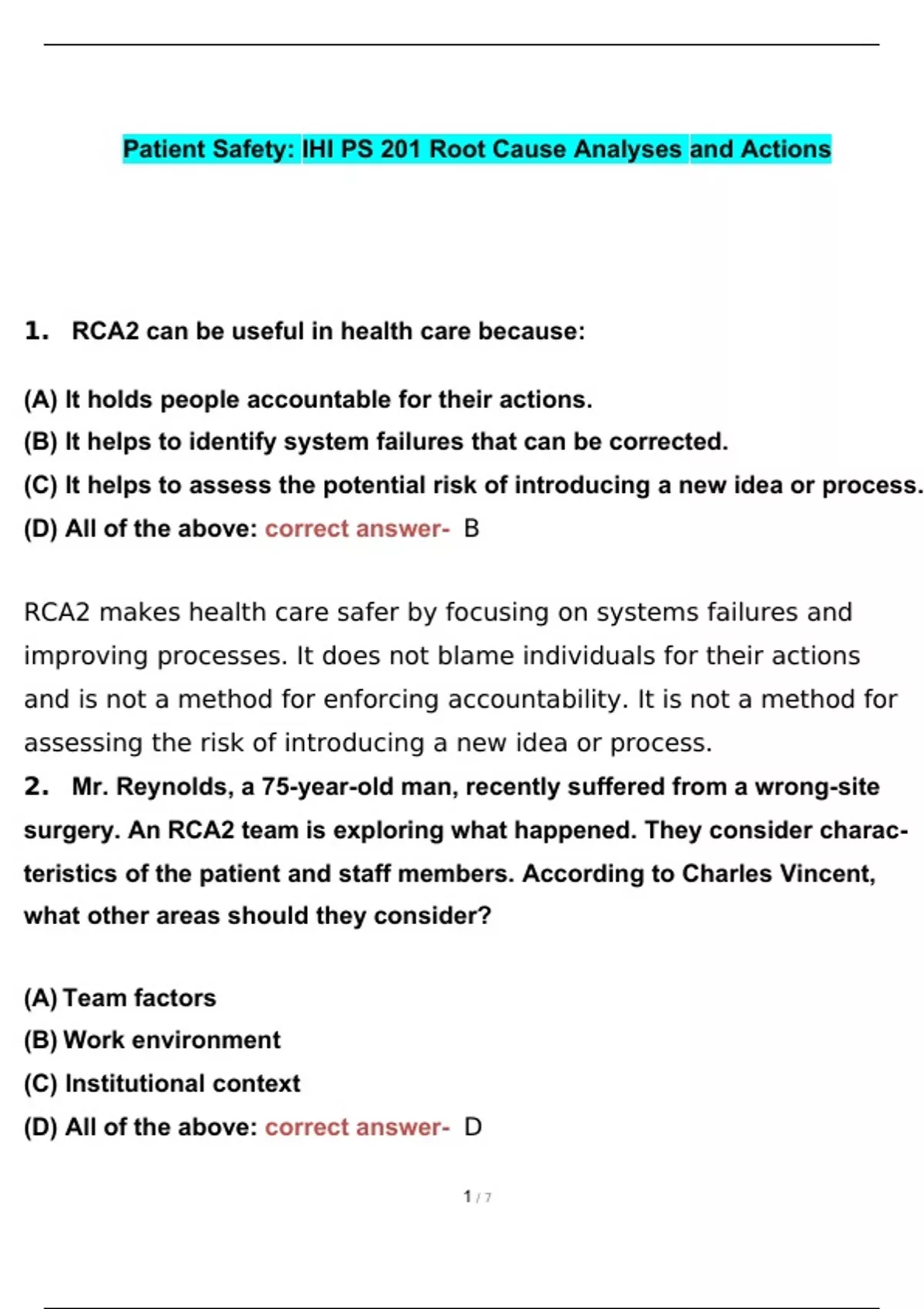 Patient Safety: IHI PS 201 Root Cause Analyses and Actions Questions ...