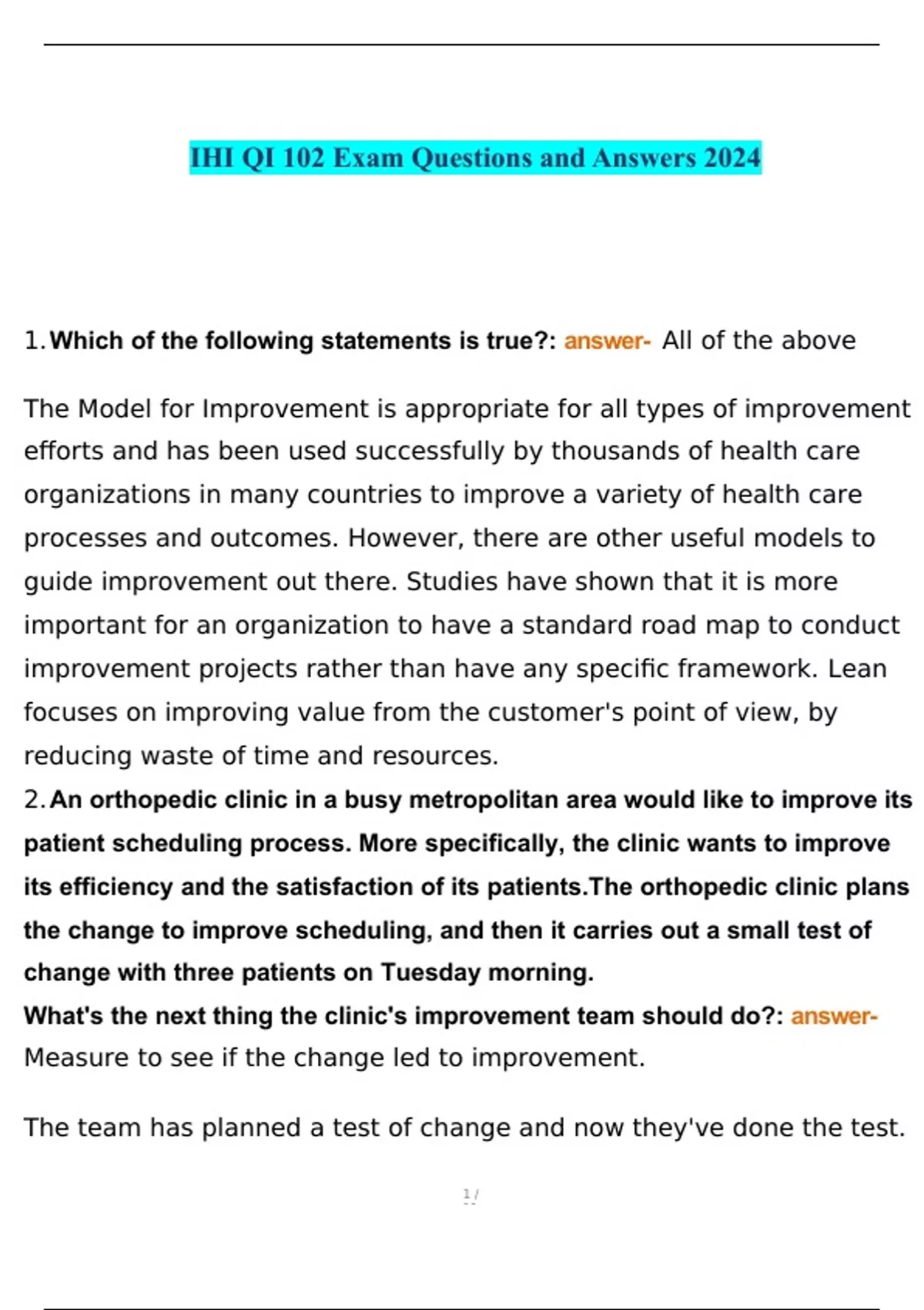 IHI QI 102 Exam Questions and Answers 2024 with complete solution - IHI ...