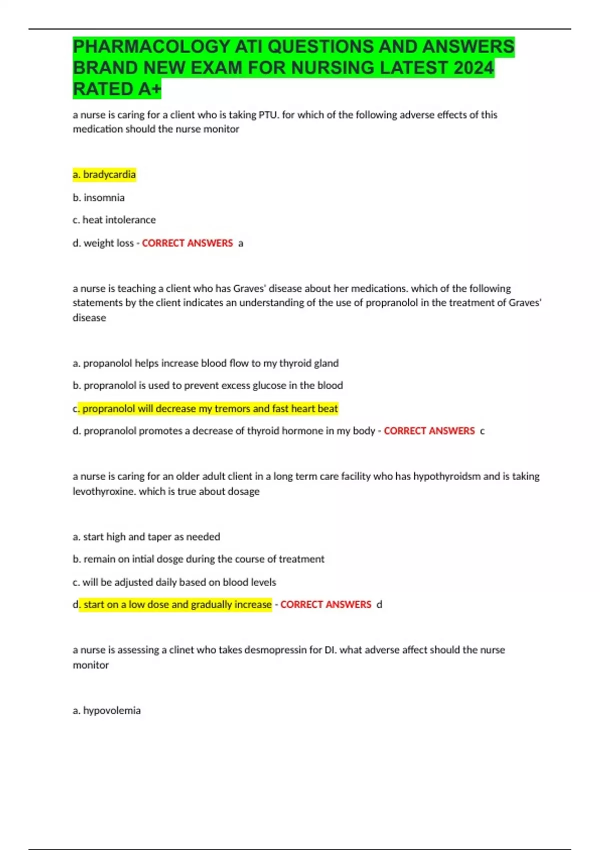 Summary PHARMACOLOGY ATI QUESTIONS AND ANSWERS BRAND NEW EXAM FOR ...