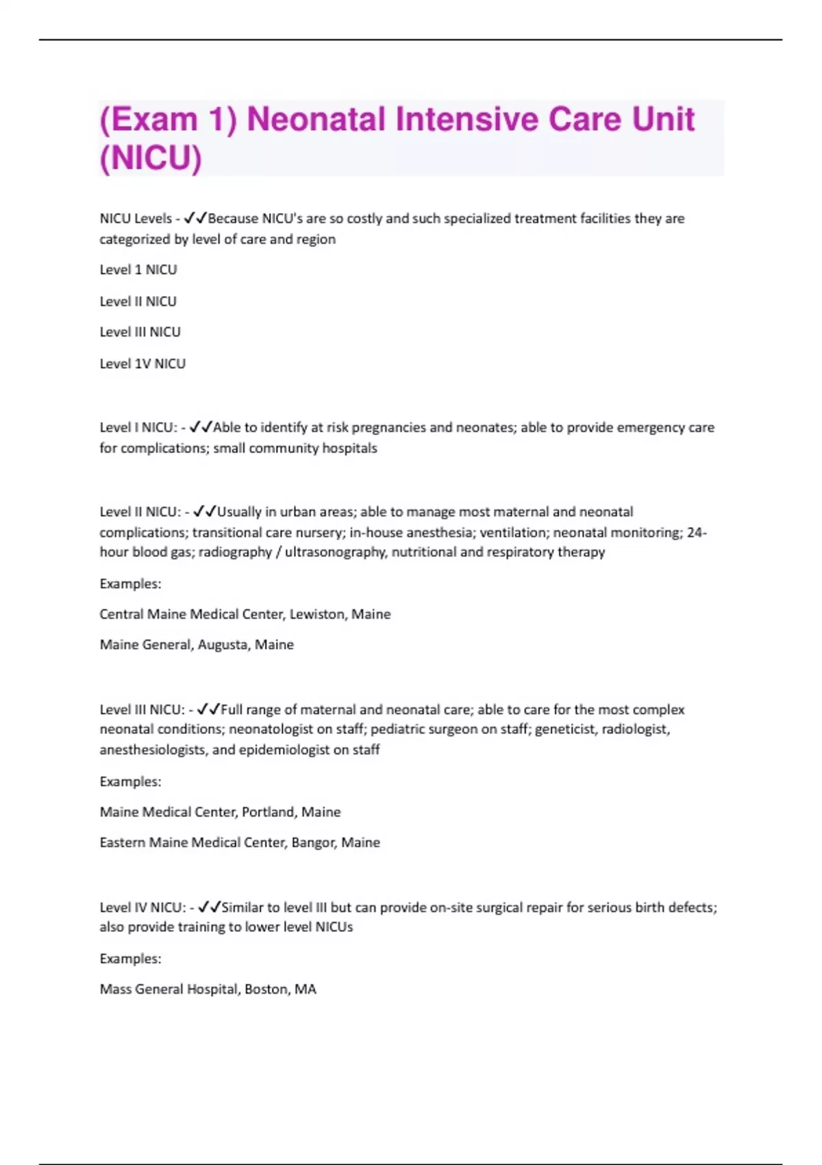 (Exam 1) Neonatal Intensive Care Unit (NICU) exam Questions and Answers(A+ Solution guide ...