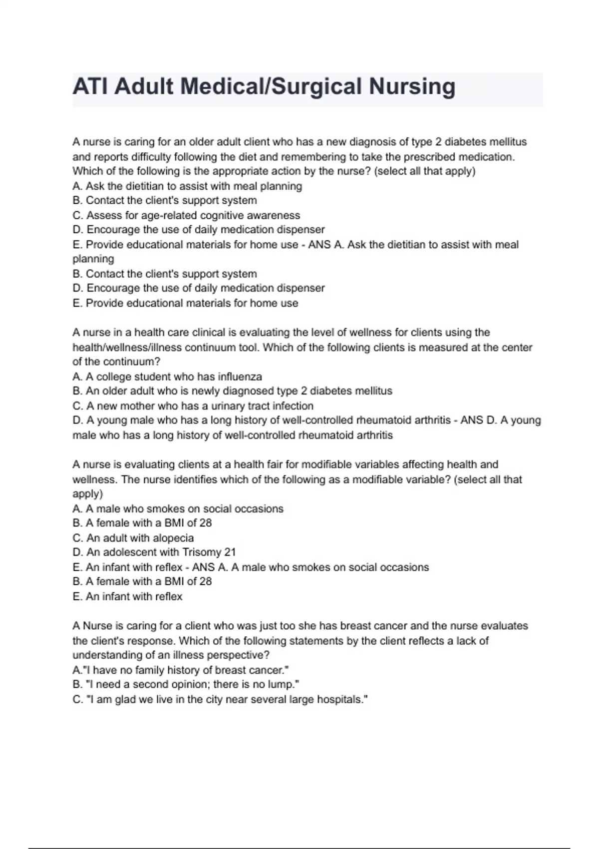 ATI Adult Medical/Surgical Nursing 2024 Questions With Verified ...