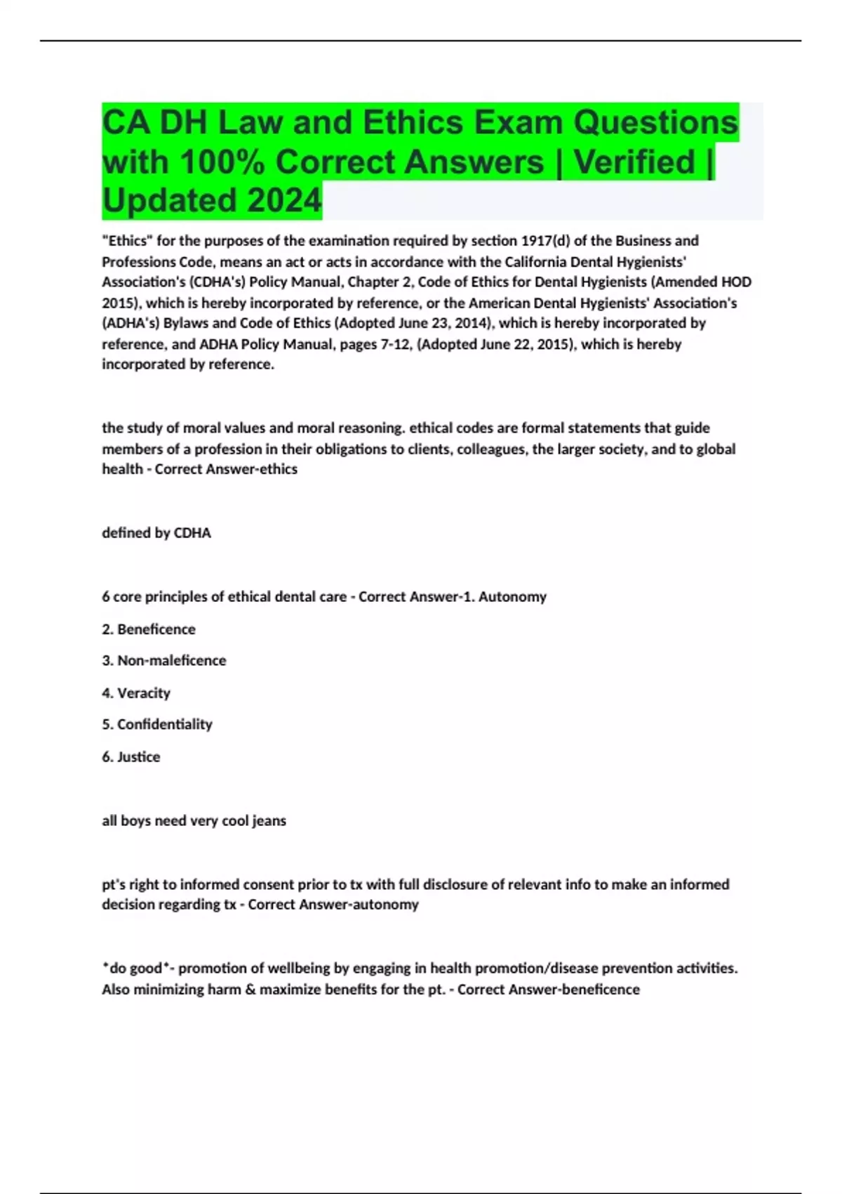 CA DH Law and Ethics Exam Questions with 100% Correct Answers ...