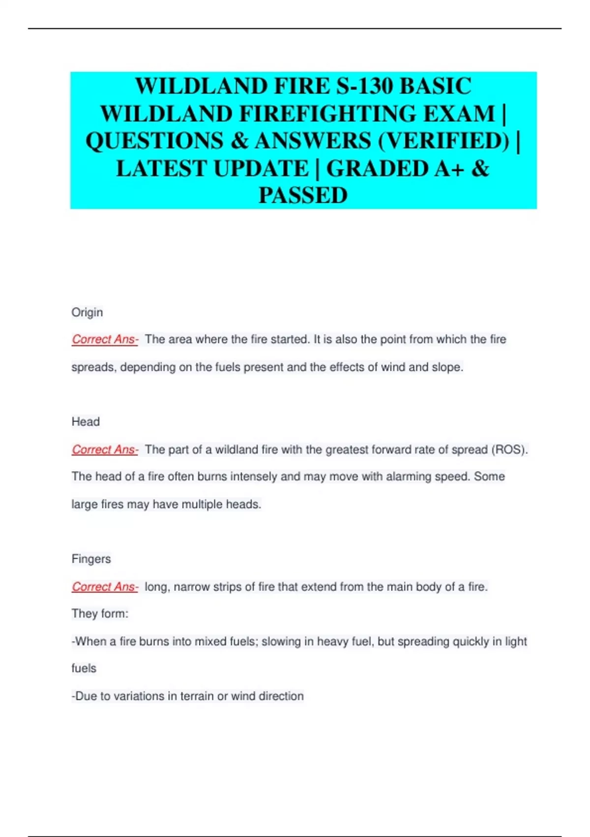 WILDLAND FIRE S-130 BASIC WILDLAND FIREFIGHTING EXAM | QUESTIONS ...