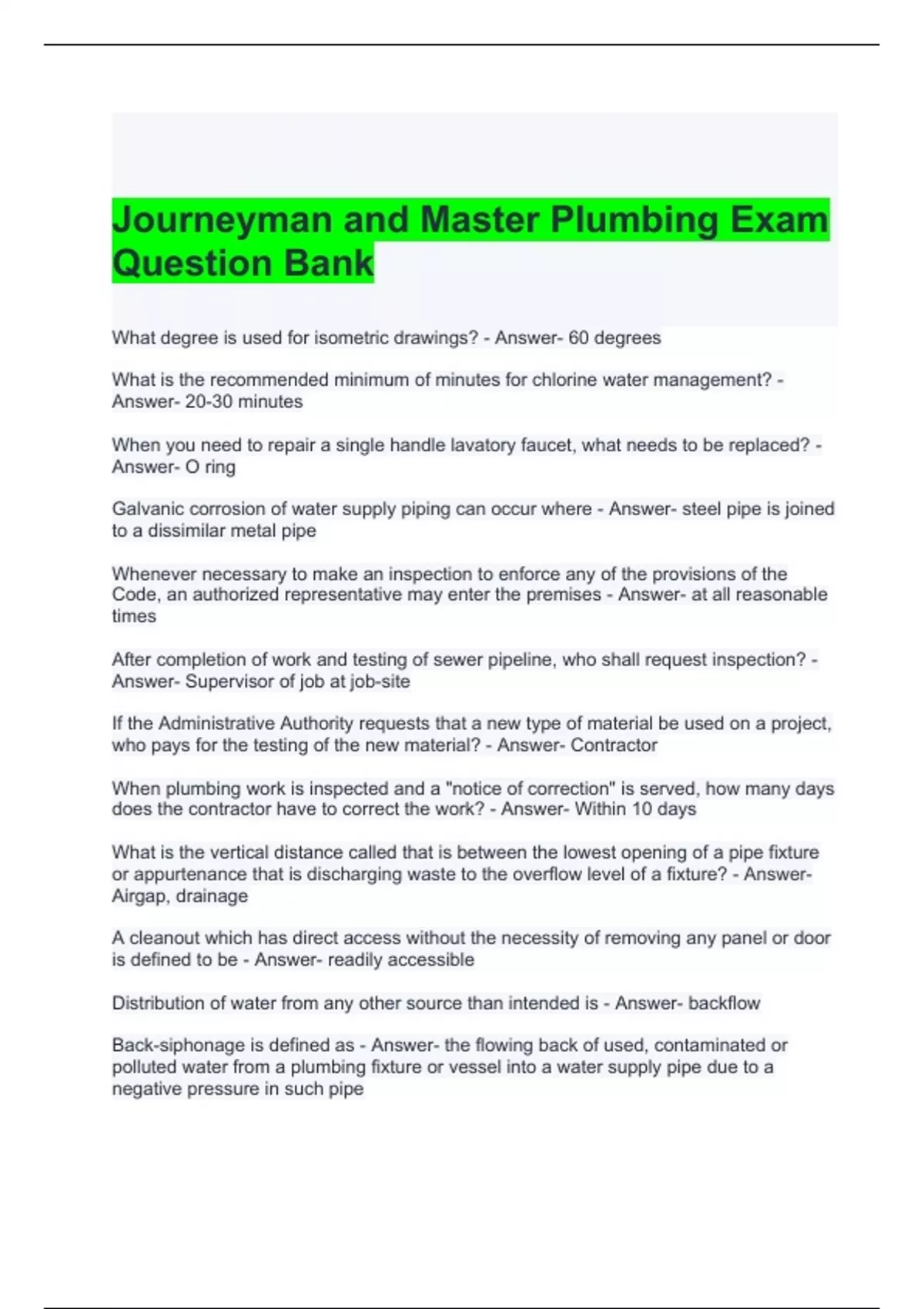 Journeyman and Master Plumbing Exam Question Bank with correct Answers ...