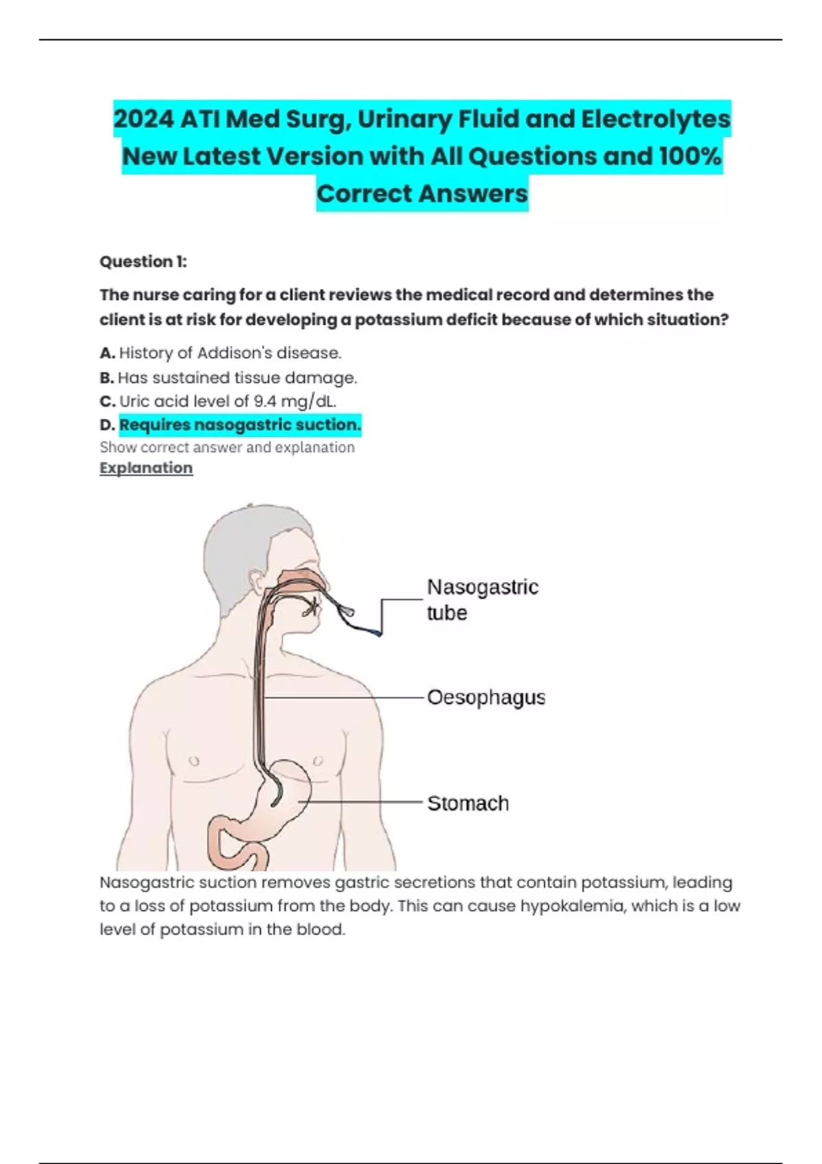 2024 ATI Med Surg, Urinary Fluid and Electrolytes New Latest Version ...