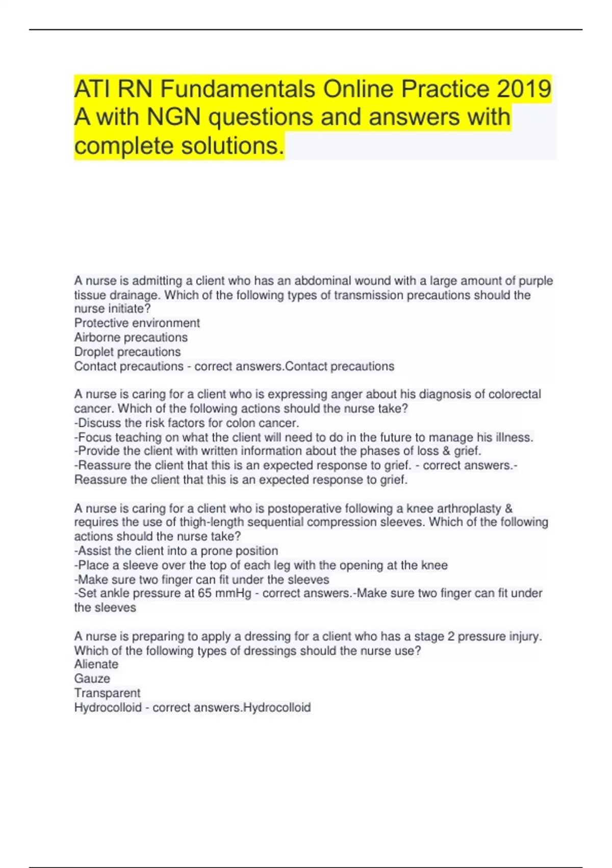 ATI RN Fundamentals Online Practice 2019 A with NGN questions and ...