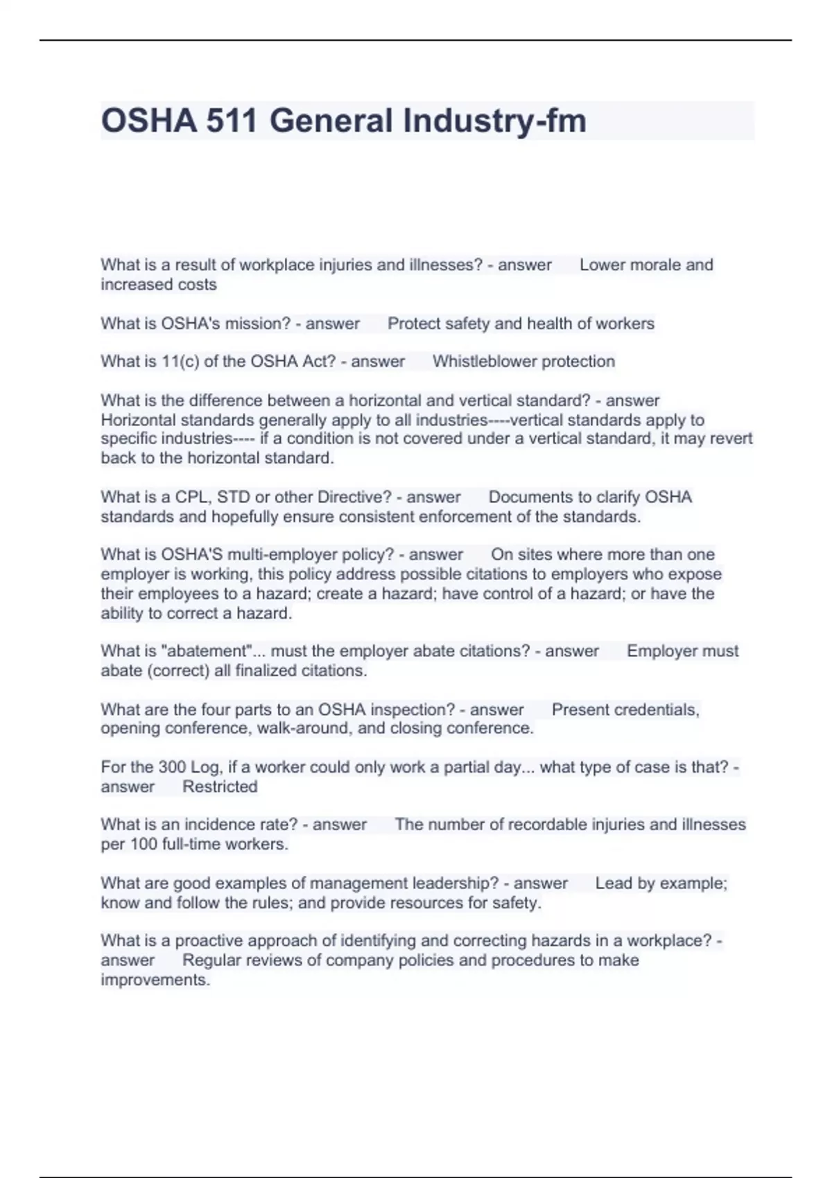 OSHA 511 General Industry-fm Questions and Answers 2024 - Osha 511 ...