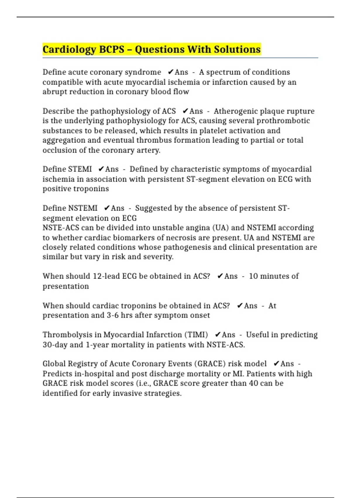 Cardiology BCPS – Questions With Solutions - BCPS - Stuvia